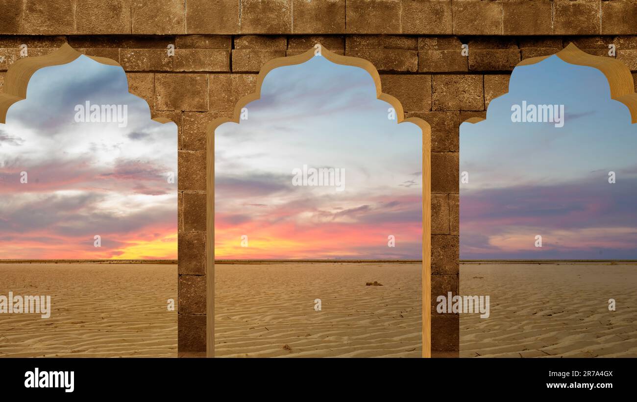 Mosque door arch with landscape view and sunset scene background Stock ...