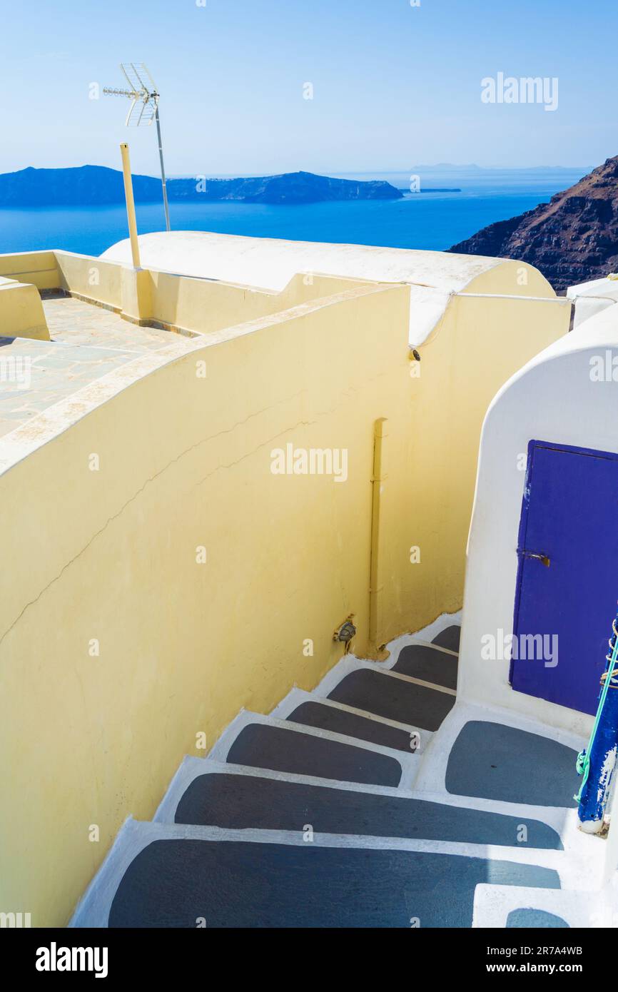 Looking down from stairs in Fira Santorini island,Greece.This is a ...