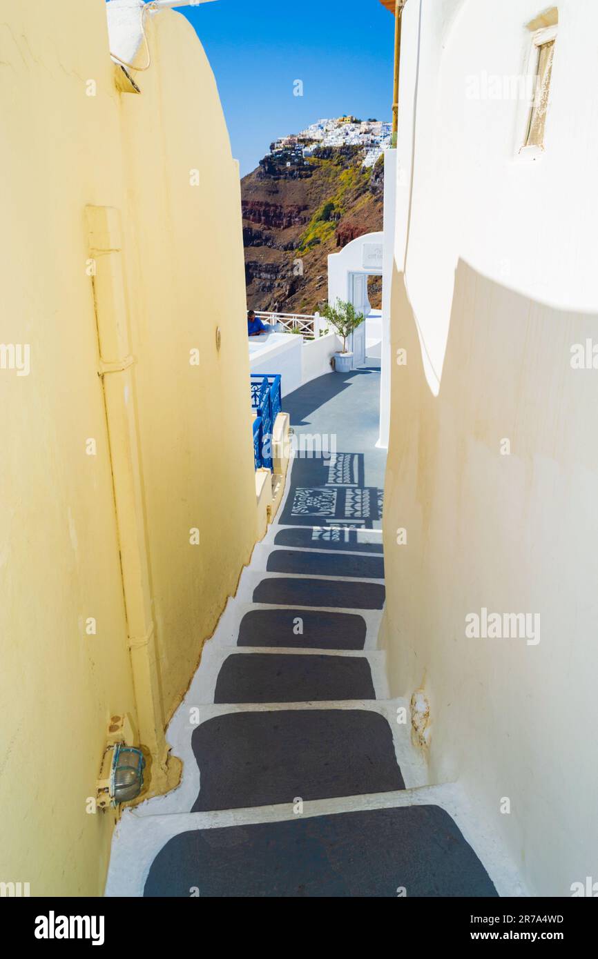 Looking down from stairs in Fira Santorini island,Greece.This is a ...