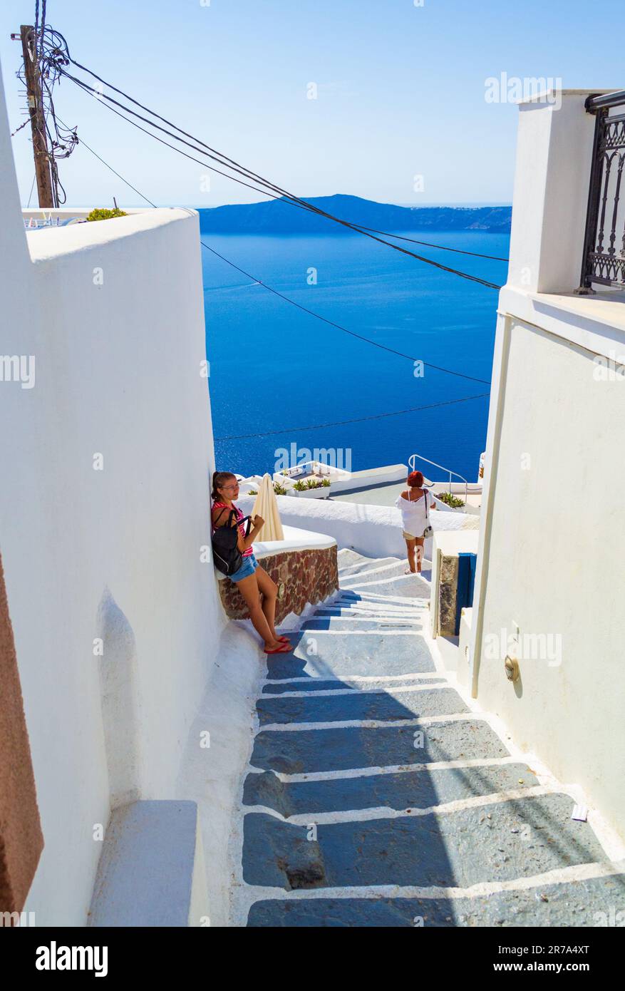 Looking down from stairs in Fira Santorini island,Greece.This is a ...