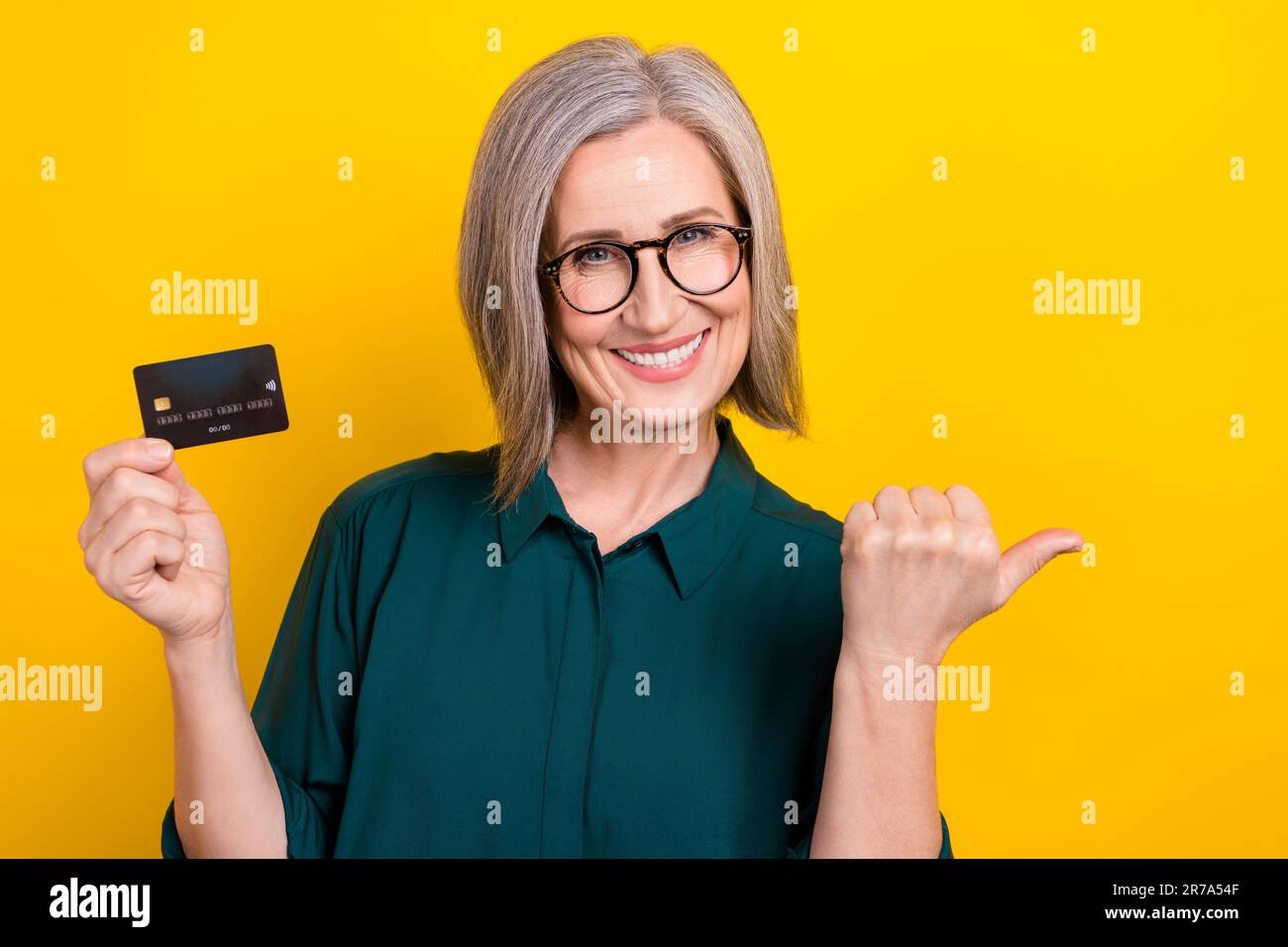 Photo of trader lady pointing empty space finger recommend easy banking ...