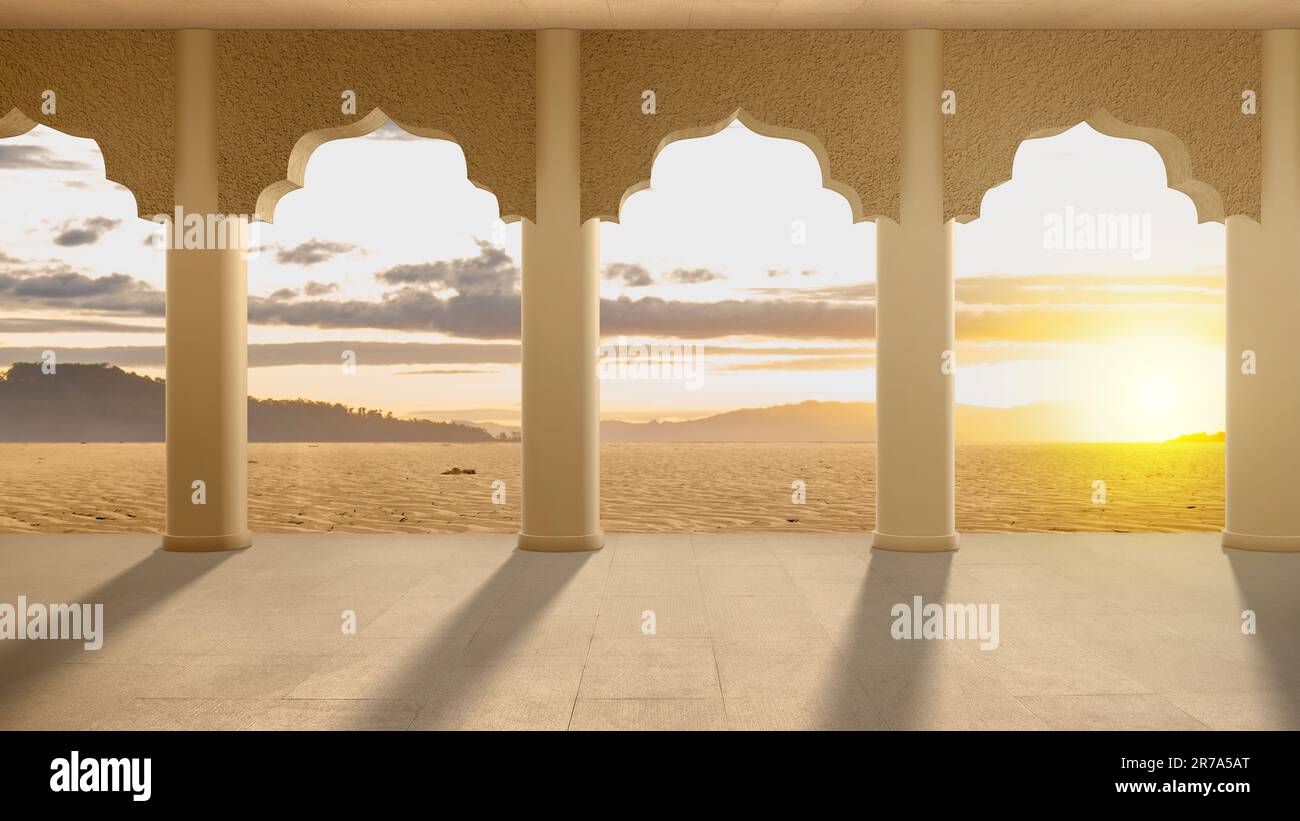 Mosque door arch with landscape view and sunset scene background Stock ...