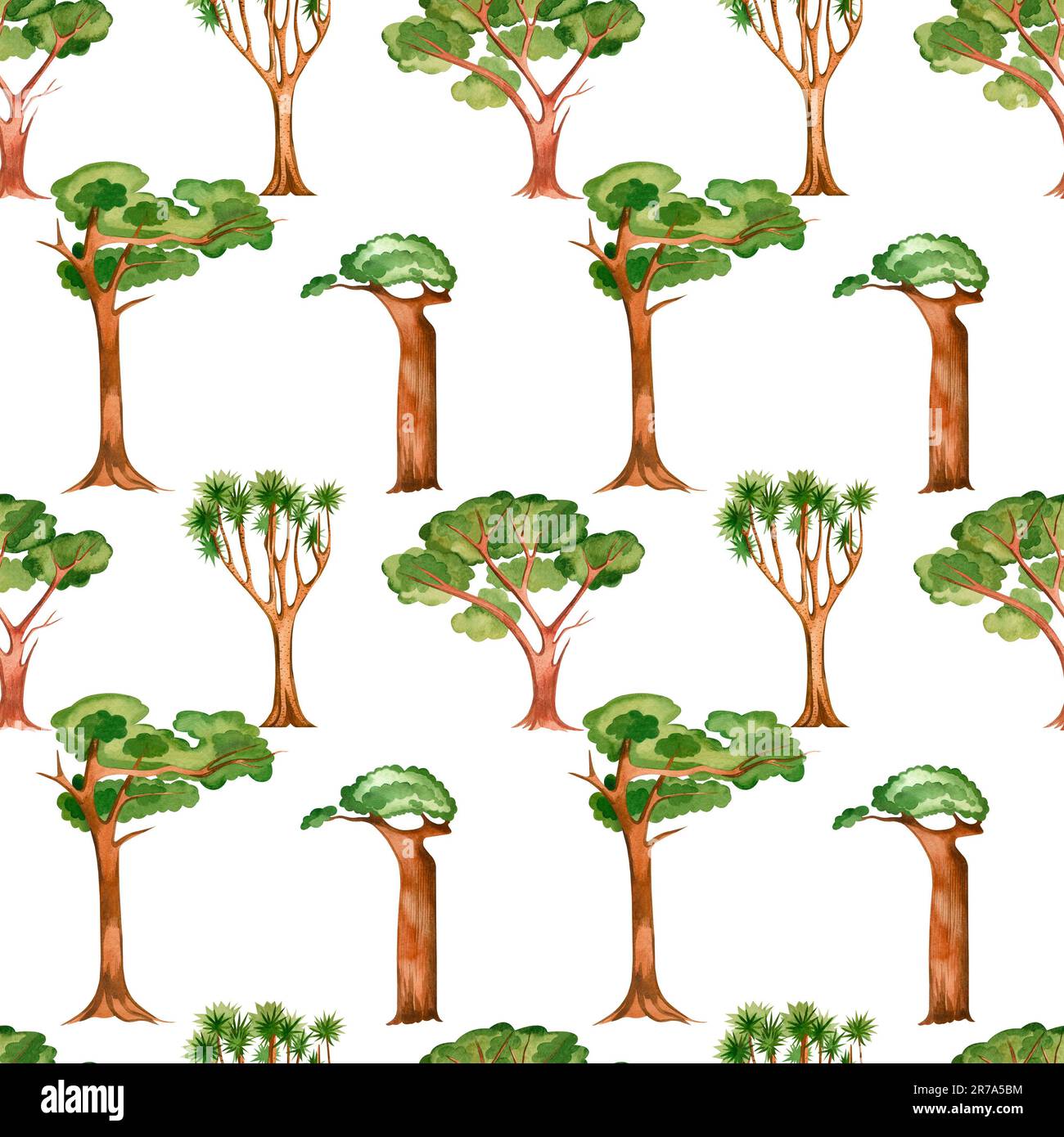 Seamless pattern, savanna trees with green crowns and brown trunks of ...