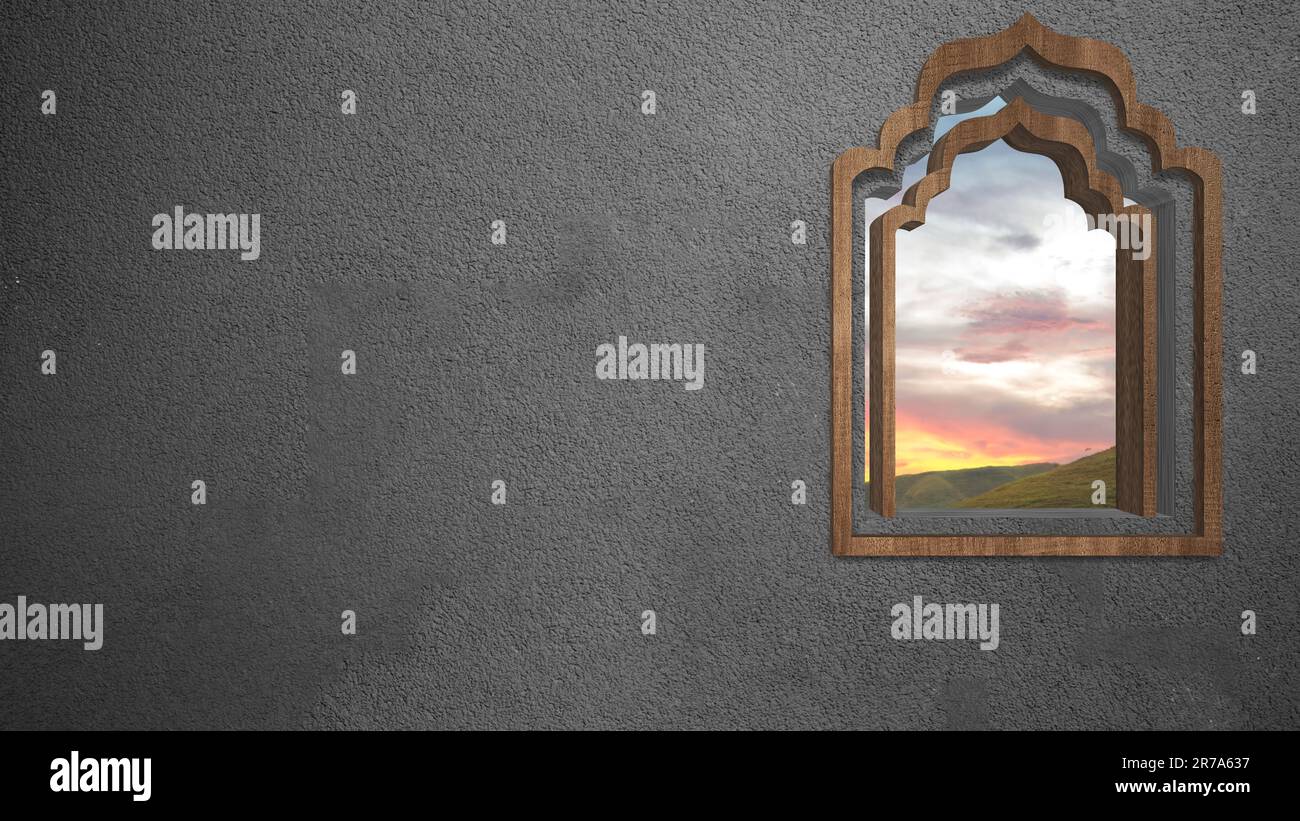 Mosque window arch on the wall with a sunset scene background Stock ...
