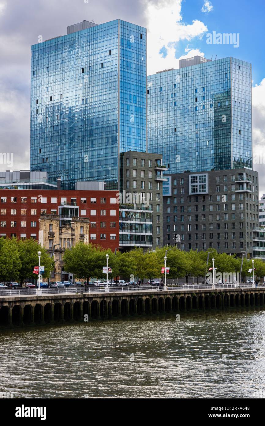Nervion river and Isozaki Towers, twin towers with contemporary design ...