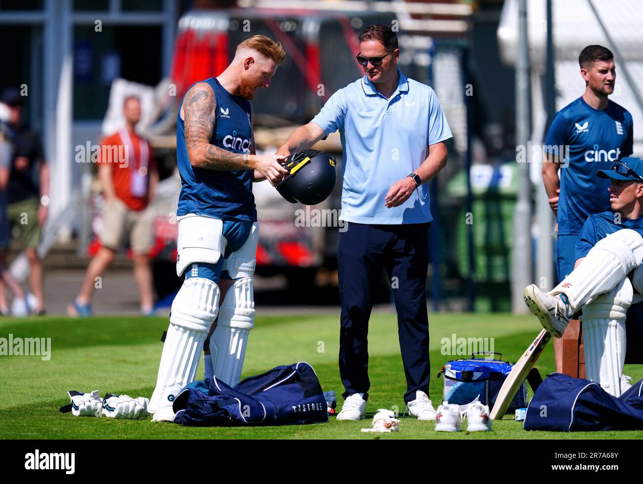 England's Ben Stokes (left) speaks to Rob Key during a nets session at ...