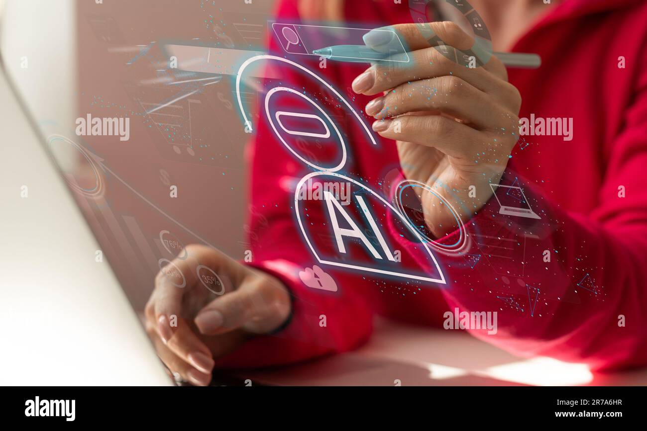 ChatGPT Chat with AI. Woman chatting with AI Chatbot via laptop computer. Artificial ...