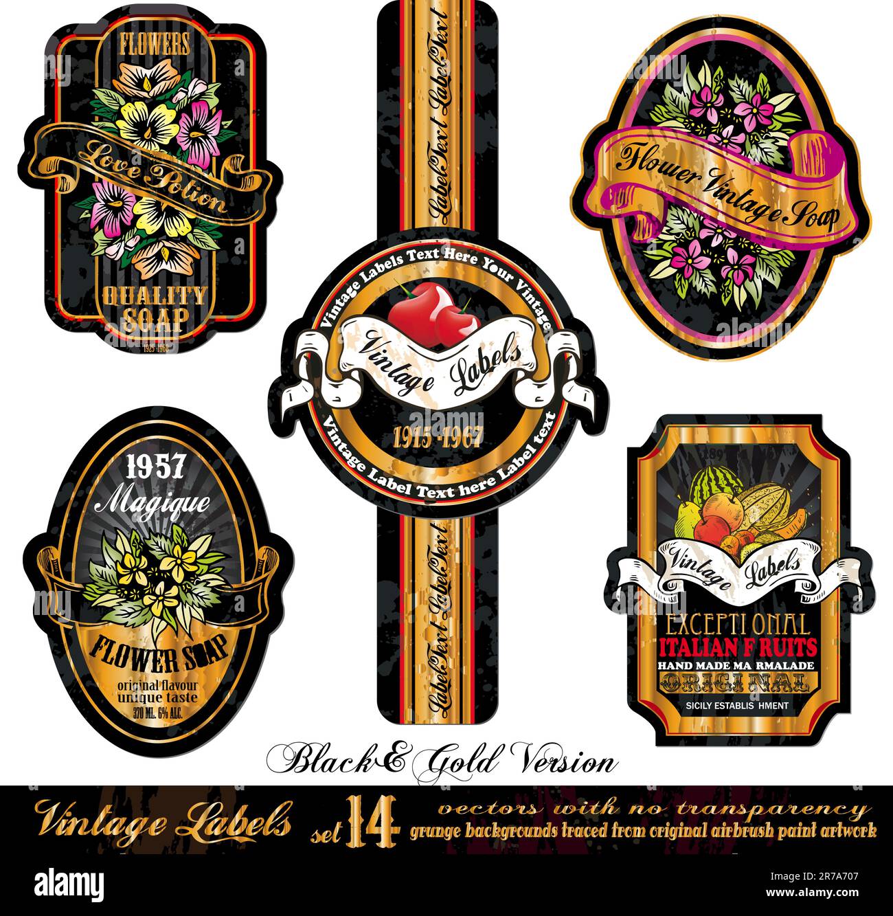 Vintage Labels Black&Gold Version - five elements with unique ...