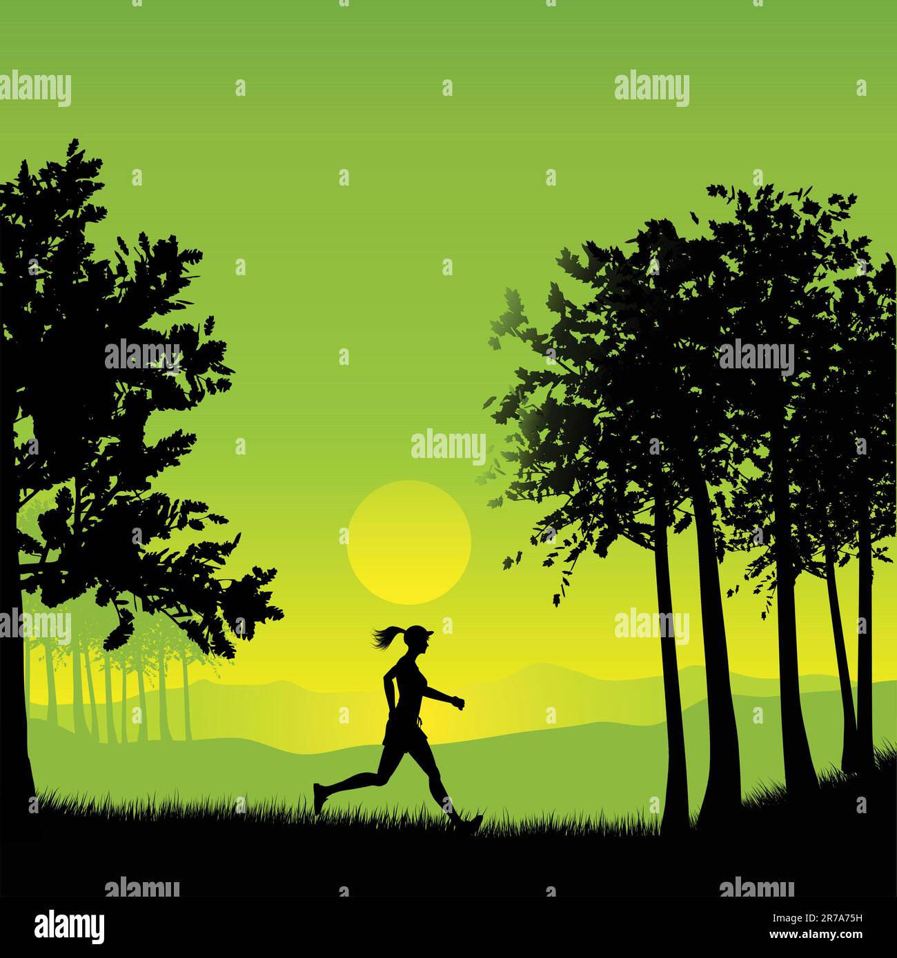 Silhouette of a female jogging in the countryside Stock Vector Image ...