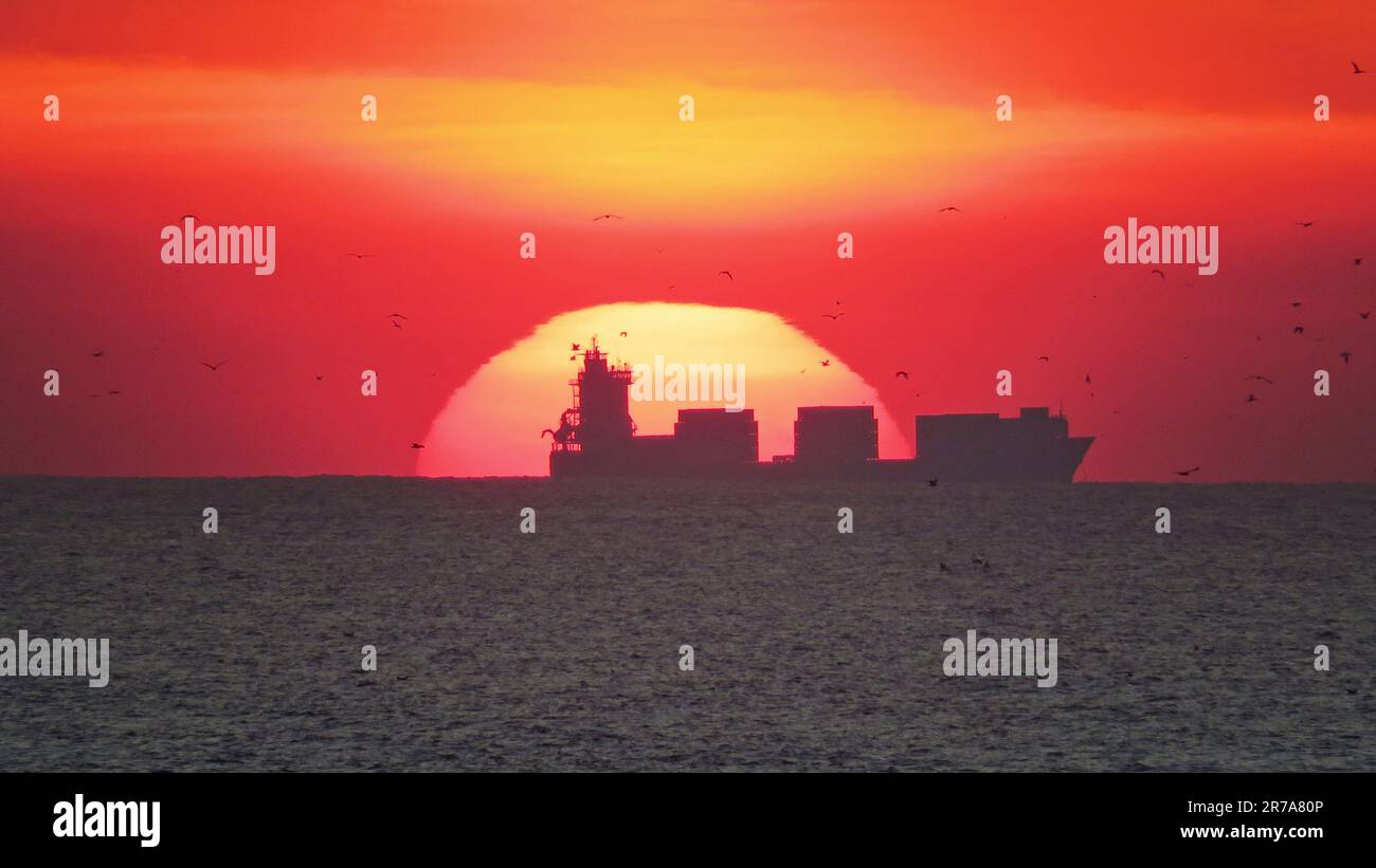 A large cargo ship in the distance silhouetted against the background ...