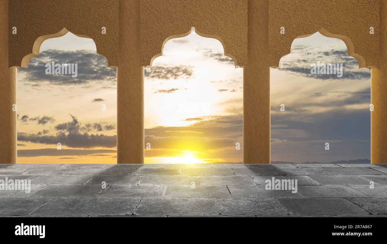 Mosque door arch with landscape view and sunset scene background Stock ...