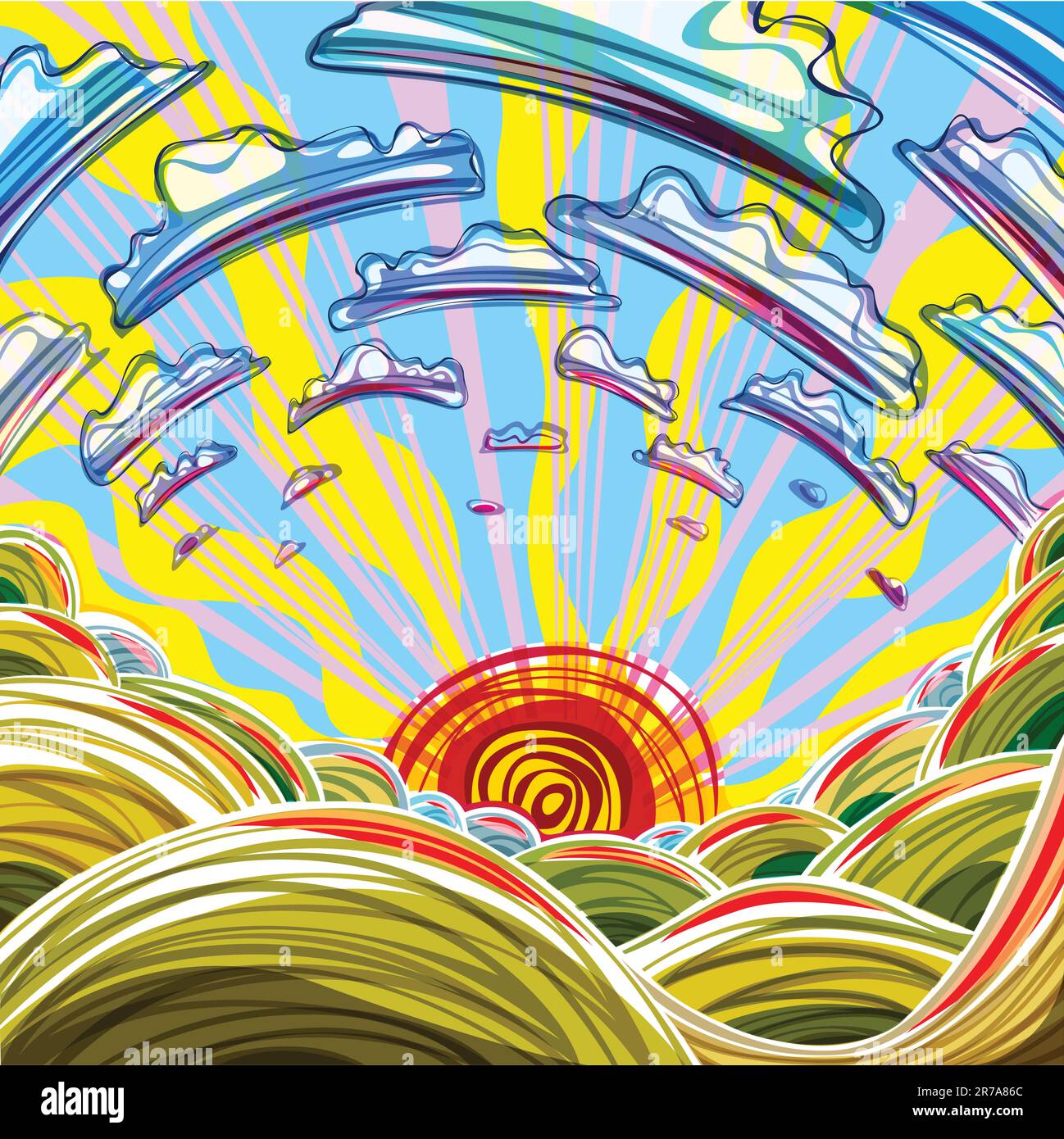 Sunrise illustration. Bright, colorful, cartoon style Stock Vector ...