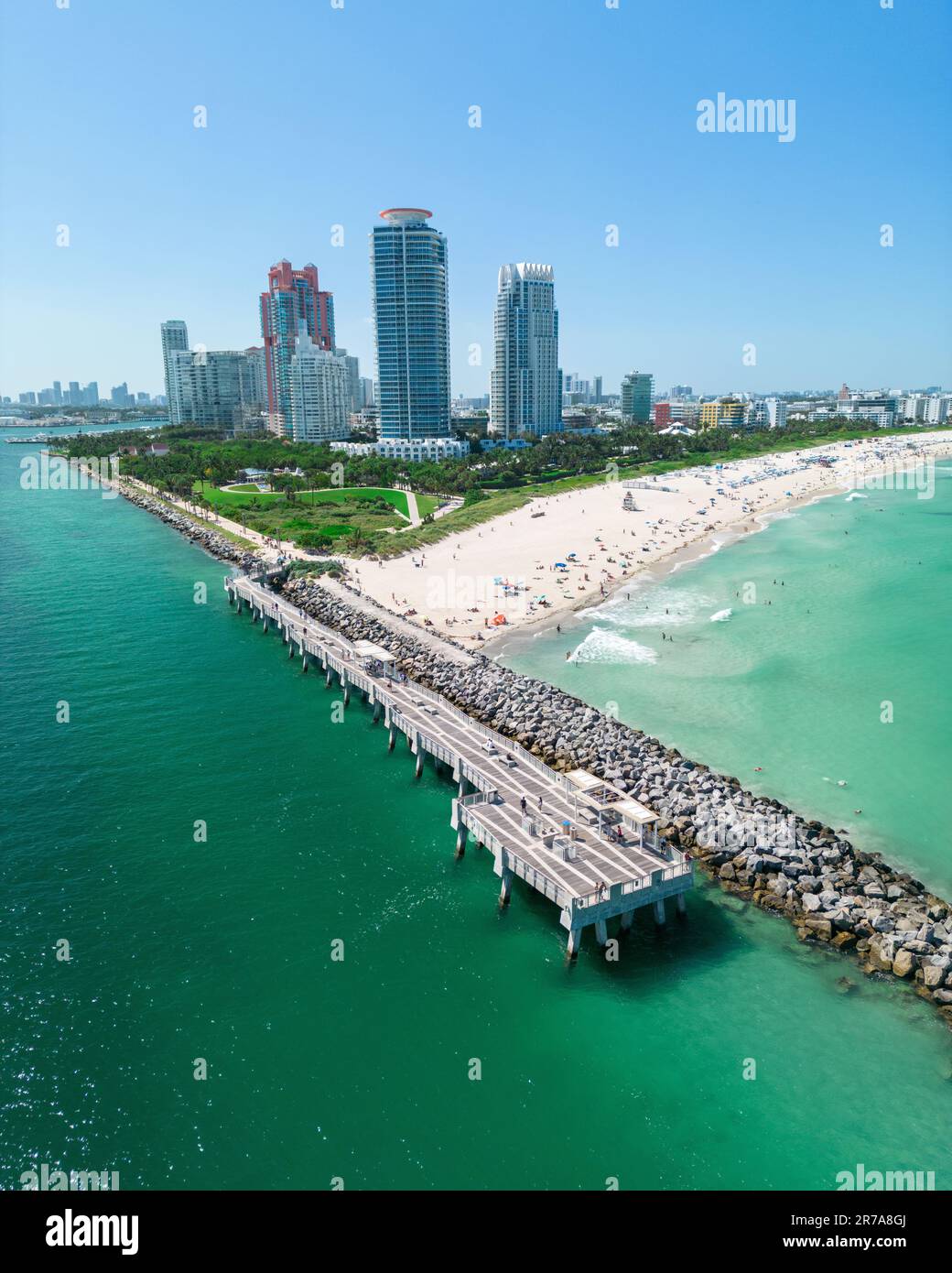 An aerial view of South Point Pier in South Beach, Miami Beach, Florida ...