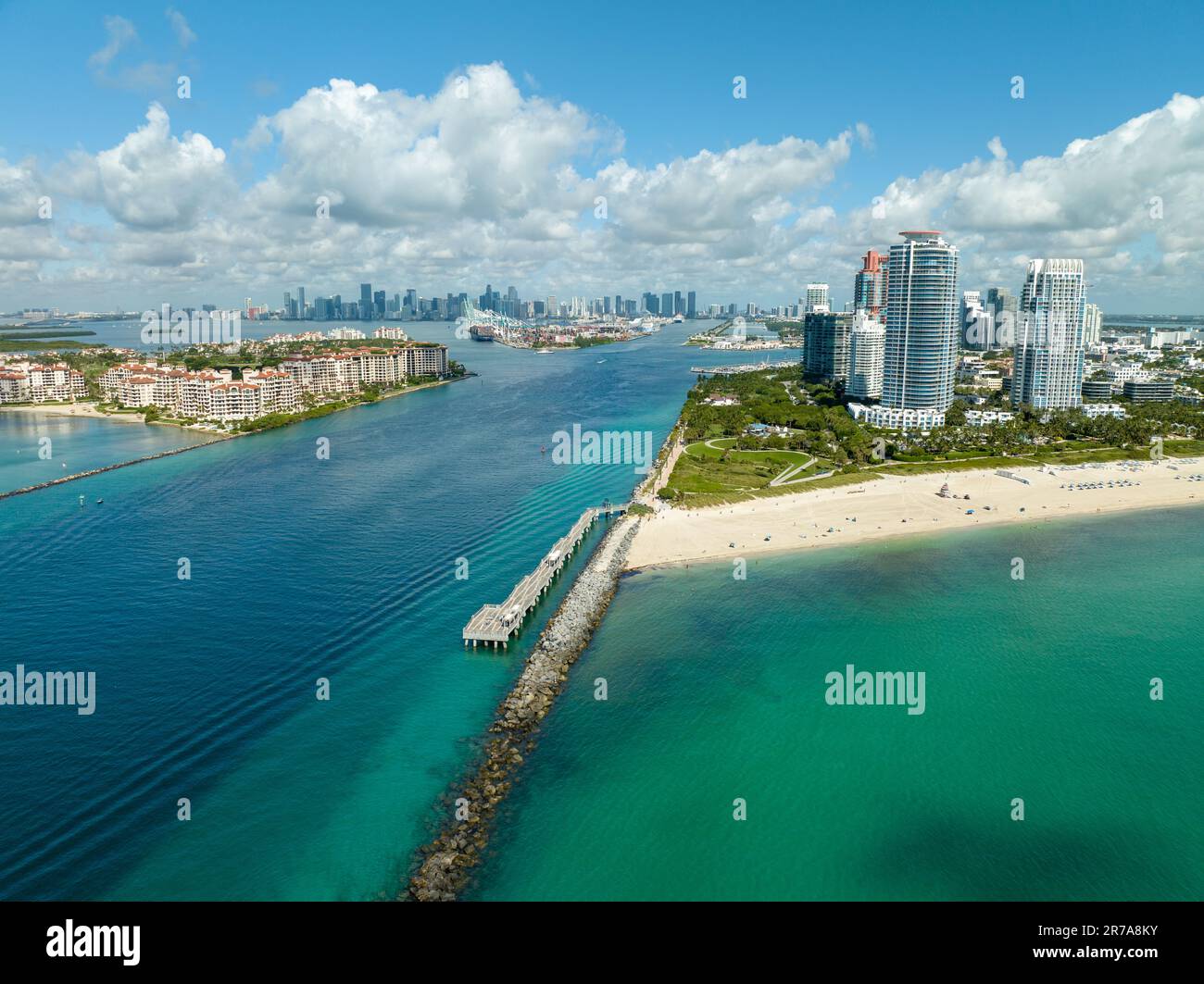 The South Point Pier at Miami Beach FL, with the view of the city of ...