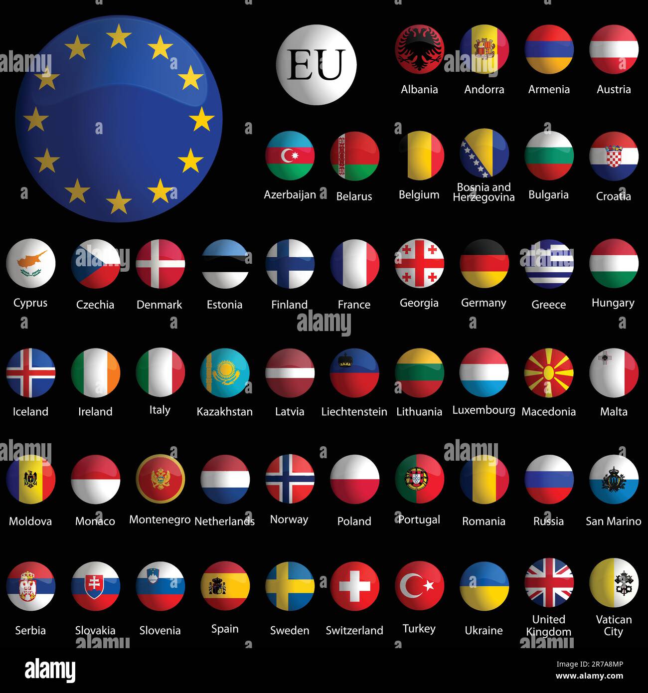 europe glossy icons collection against black background, abstract ...