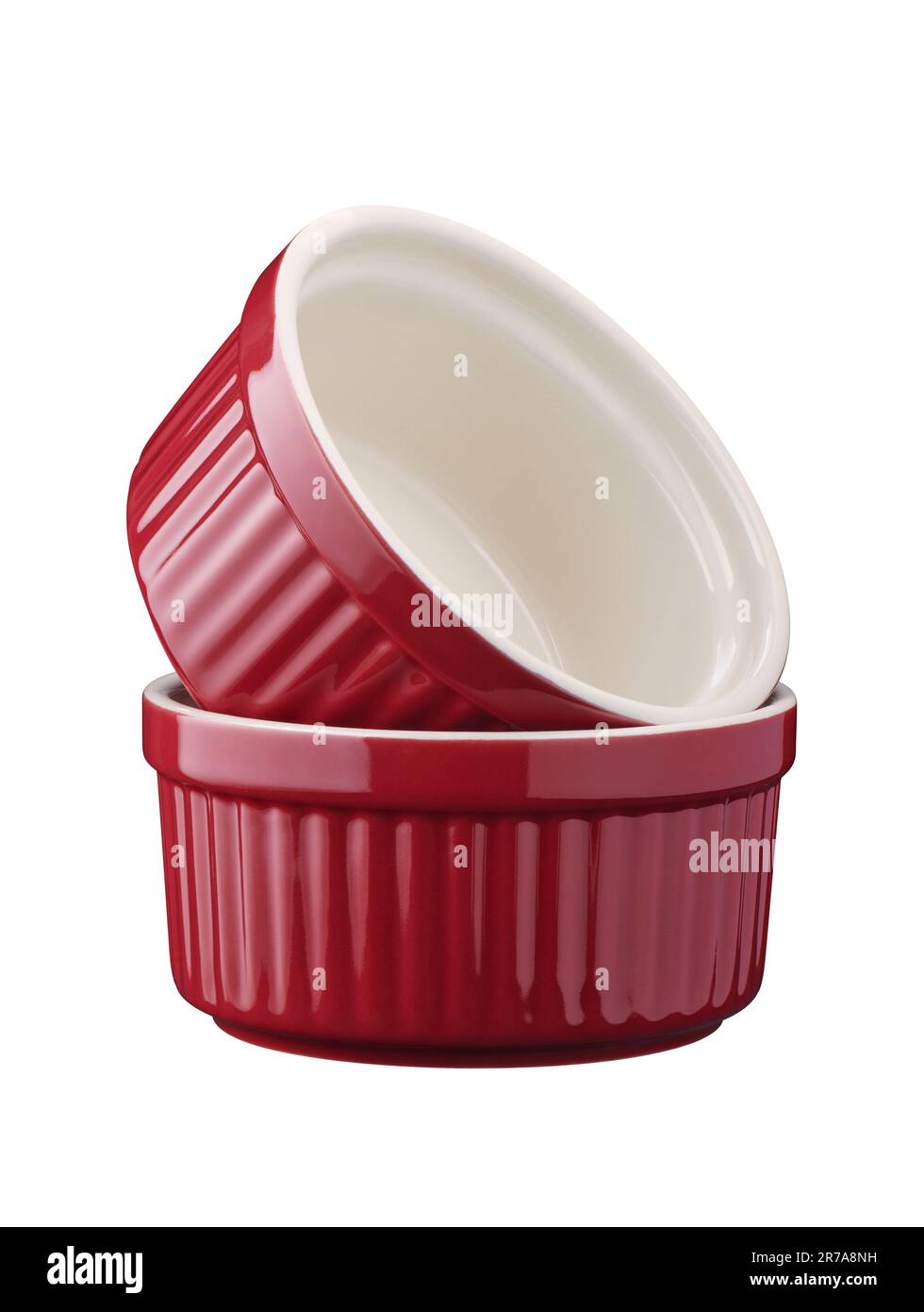 Two red round empty porcelain ramekin on a white background Stock Photo ...