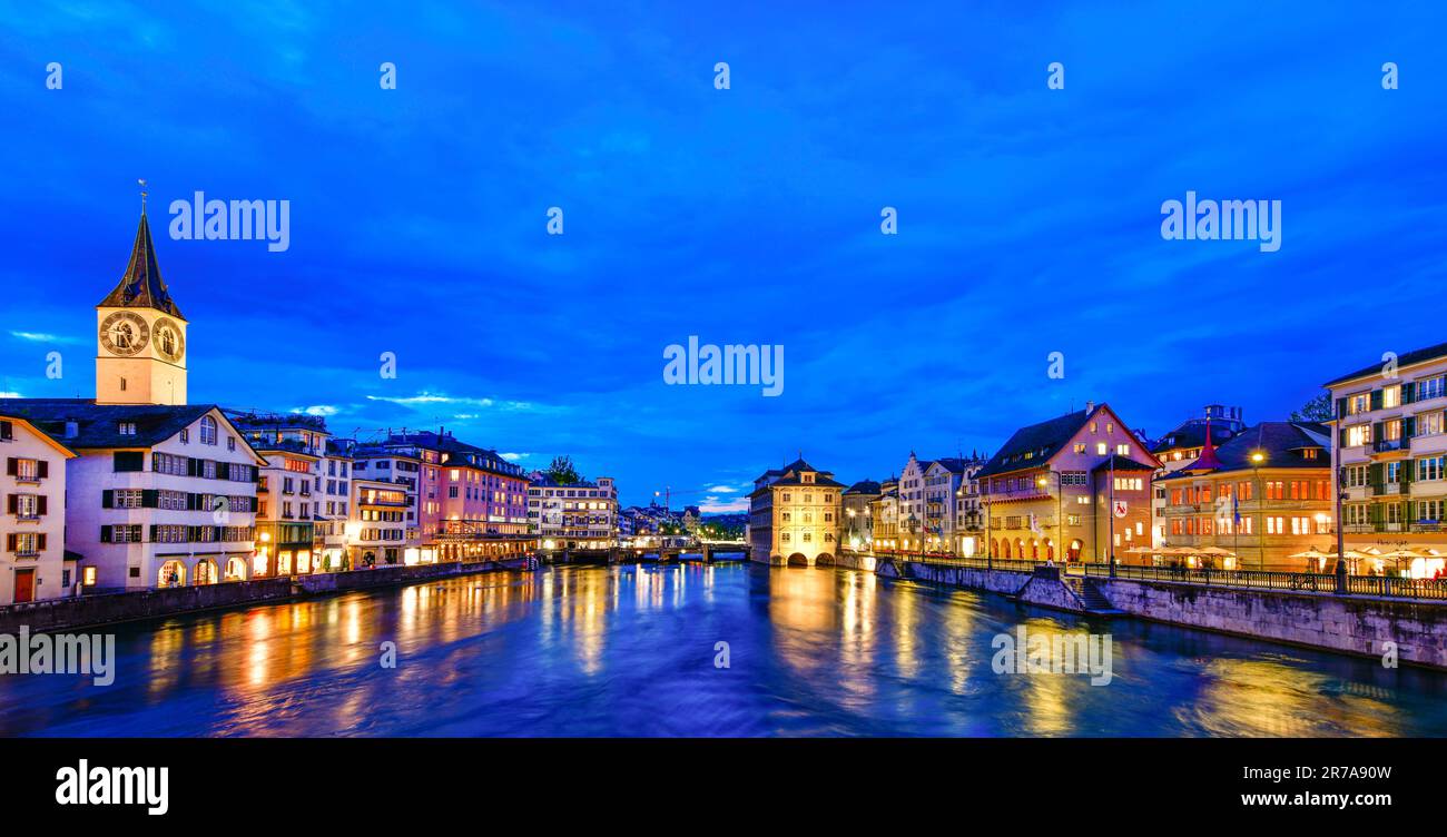 Beautiful night view of historic city center of Zurich, Switzerland ...