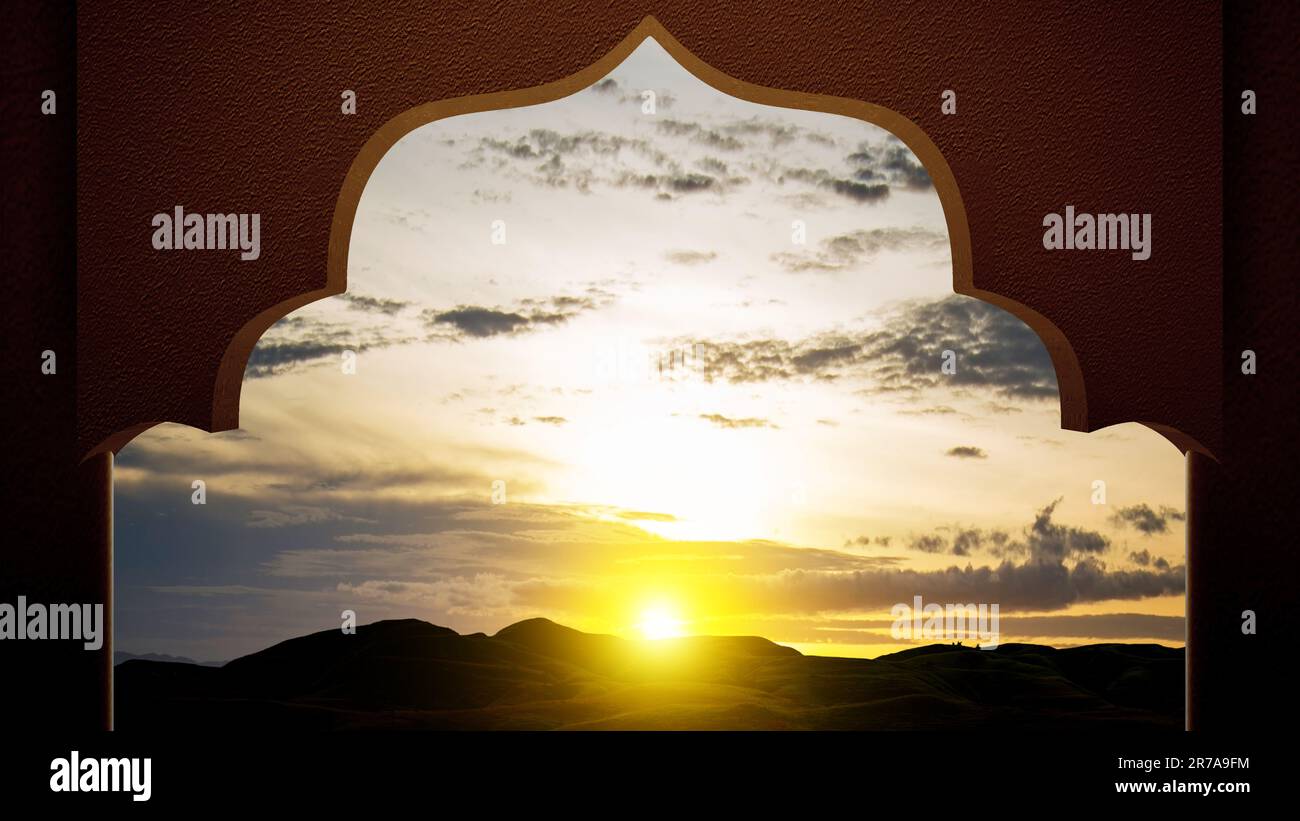 Mosque door arch with landscape view and sunset scene background Stock ...