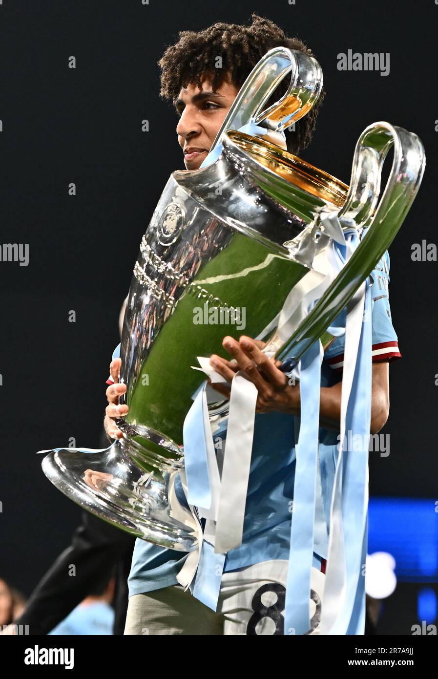 ISTANBUL, TURKEY - JUNE 10: Rico Lewis of Manchester City celebrate ...