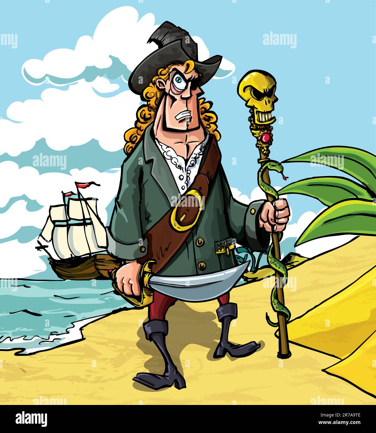 Cartoon pirate on a beach. His boat can be seen in the back ground ...