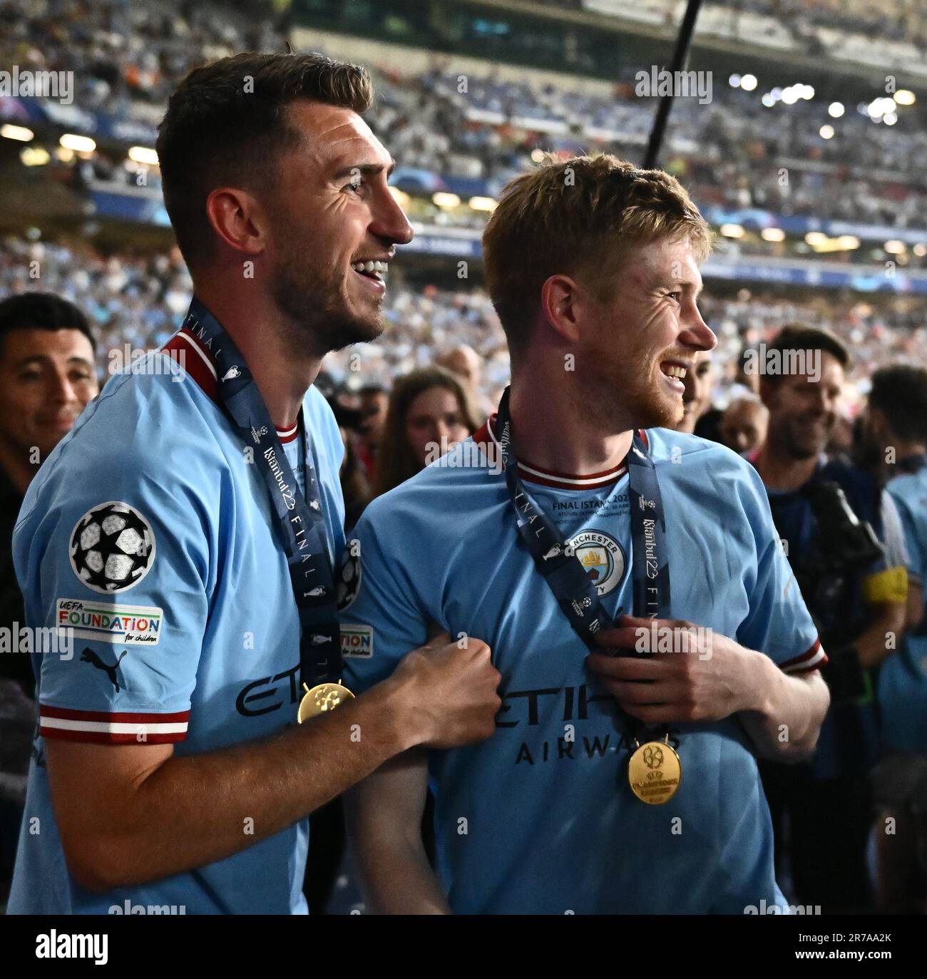 ISTANBUL, TURKEY - JUNE 10: Manchester City players Aymeric Laporte, Kevin De Bruyne celebrate ...