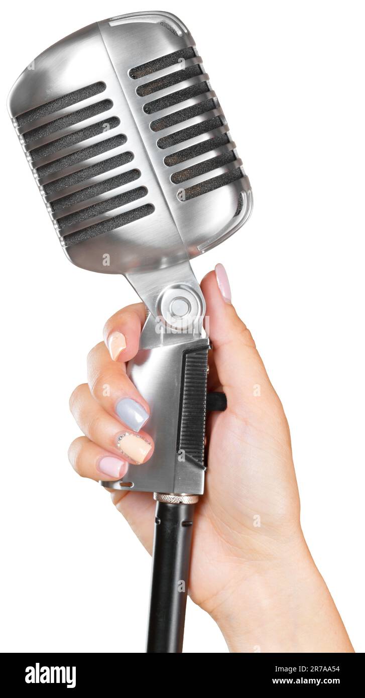 woman holding big retro microphone for singing Stock Photo - Alamy