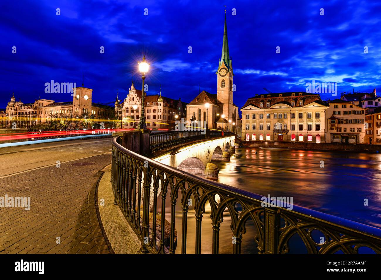 Beautiful night view of historic city center of Zurich, Switzerland ...