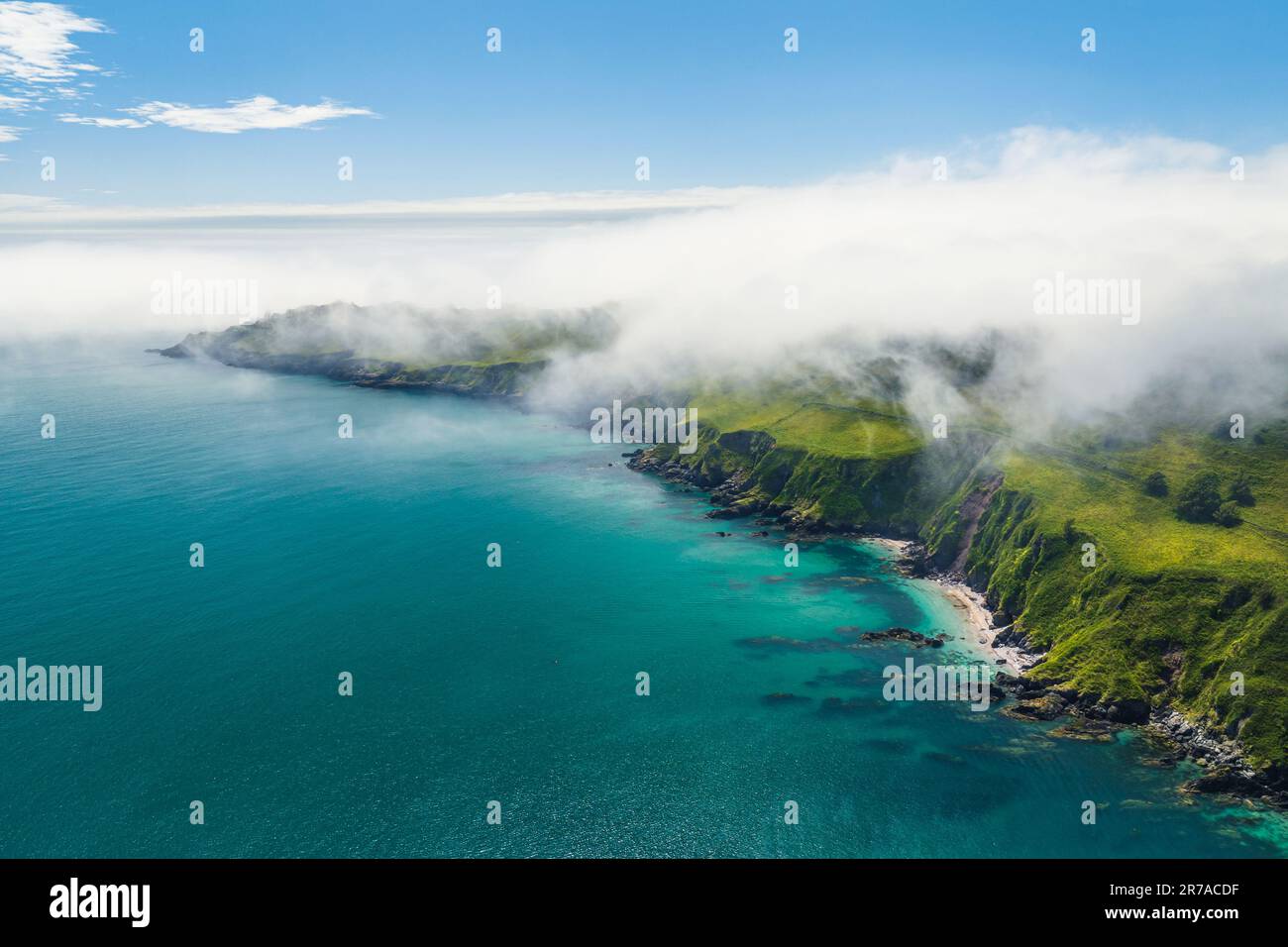 Sea Fret over Cliffs from a drone, Start Point Lighthouse, Trinity ...