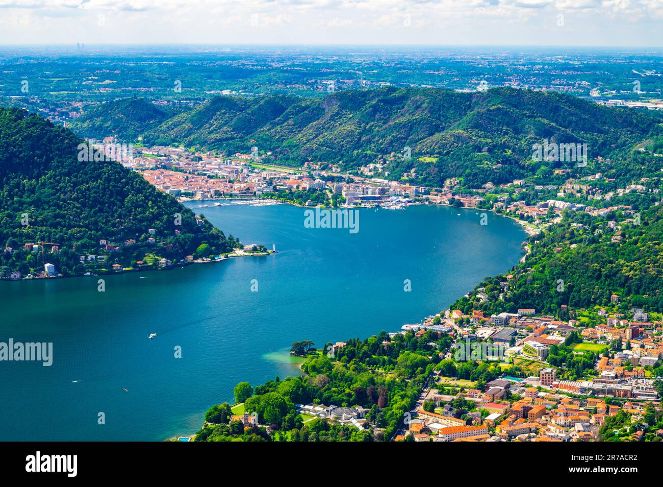 Panorama of Lake Como and the city of Como, the port and the mountains ...