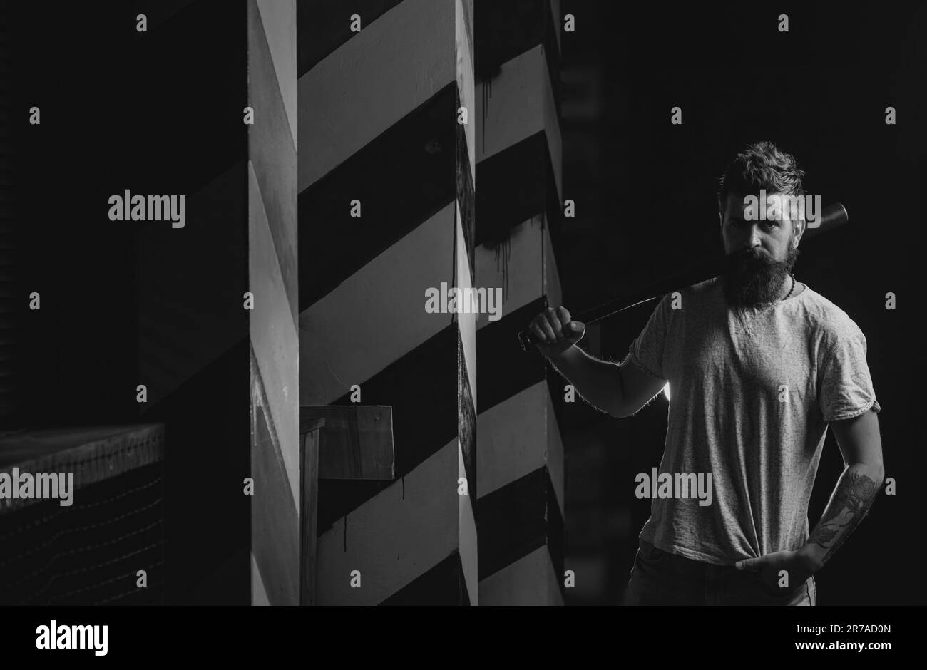 Attack concept. Feel my strength. Man unshaven face hold baseball bat ...