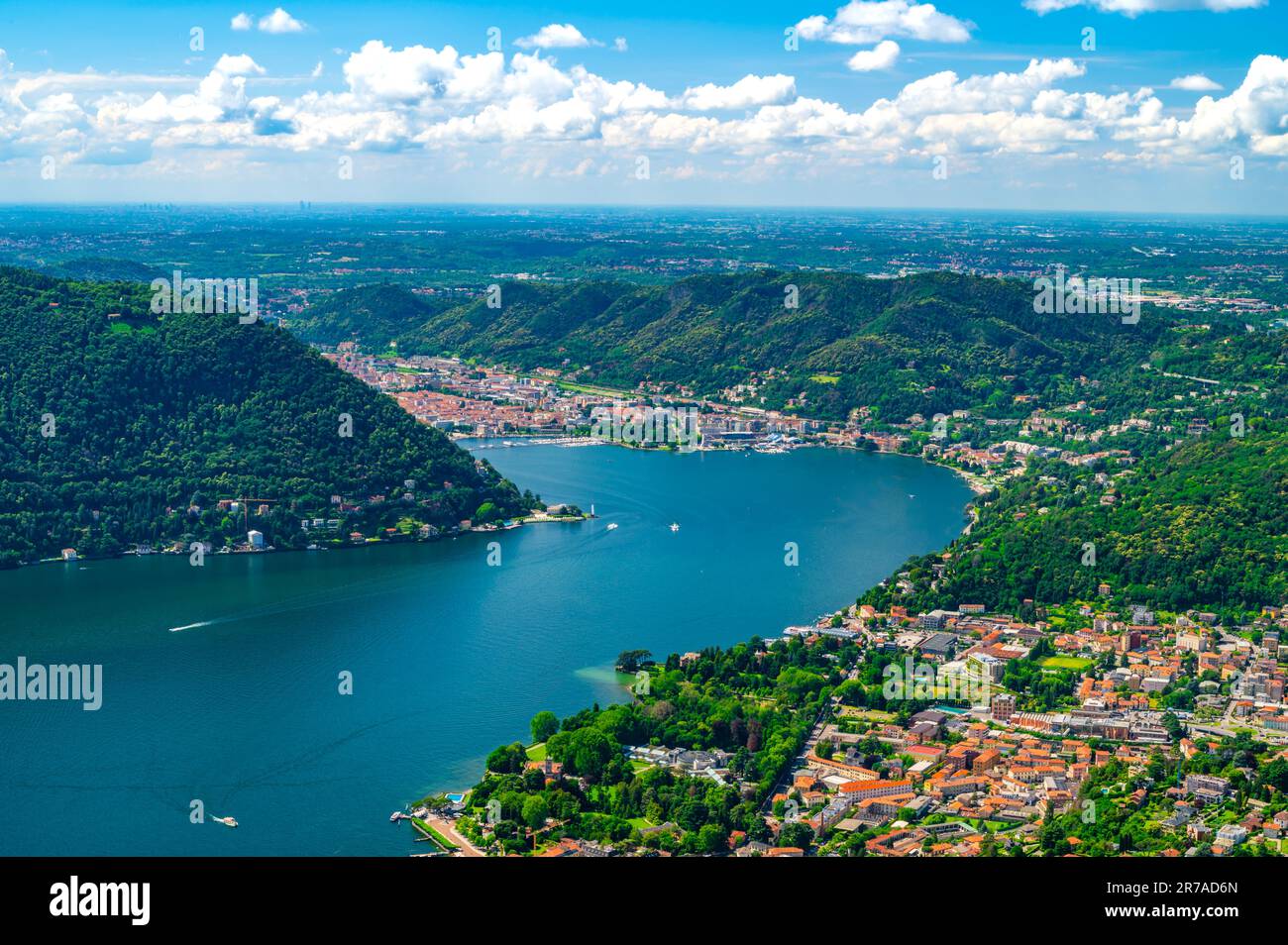 Panorama of Lake Como and the city of Como, the port and the mountains ...