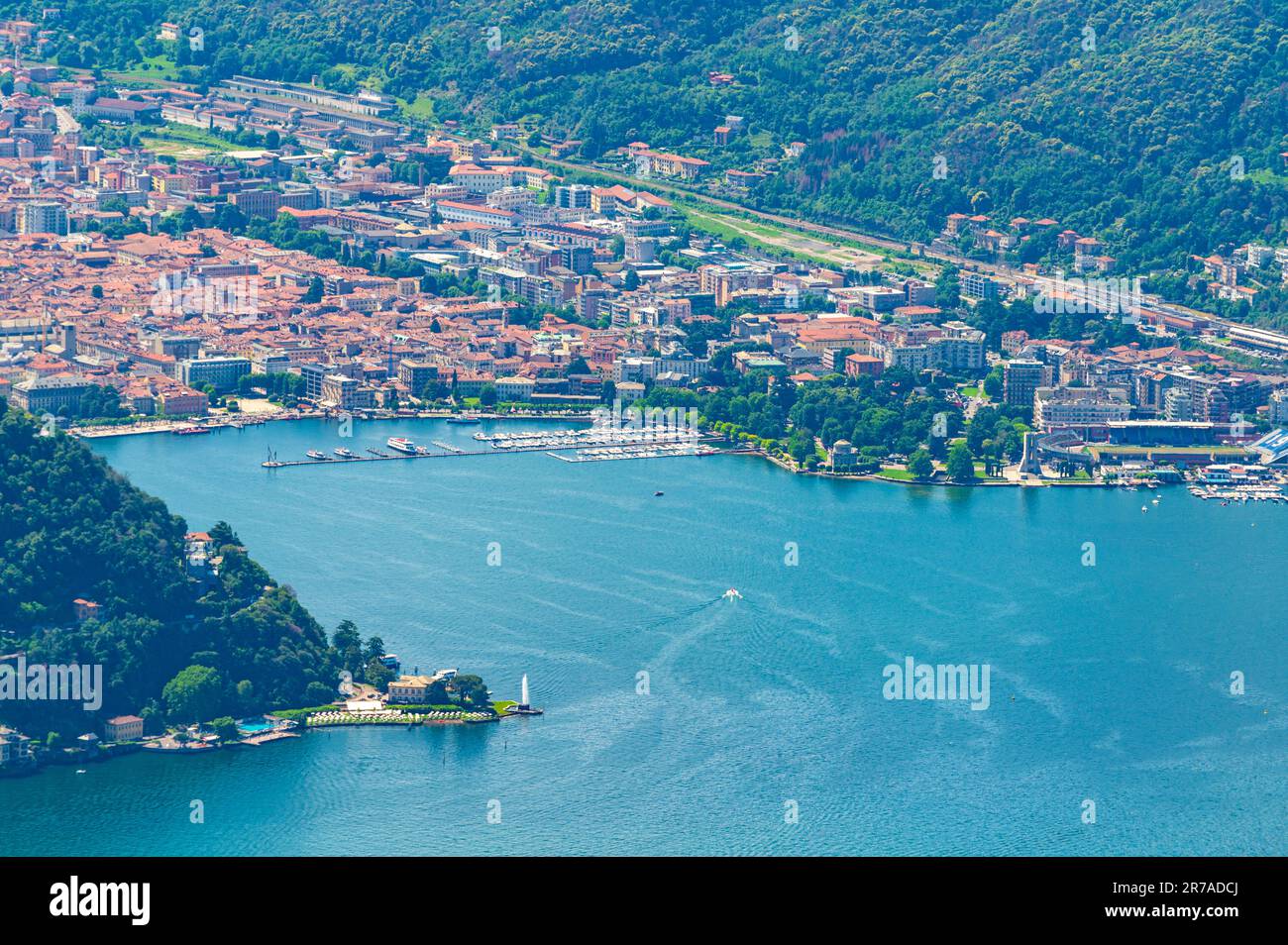 Panorama of Lake Como and the city of Como, the port and the mountains ...