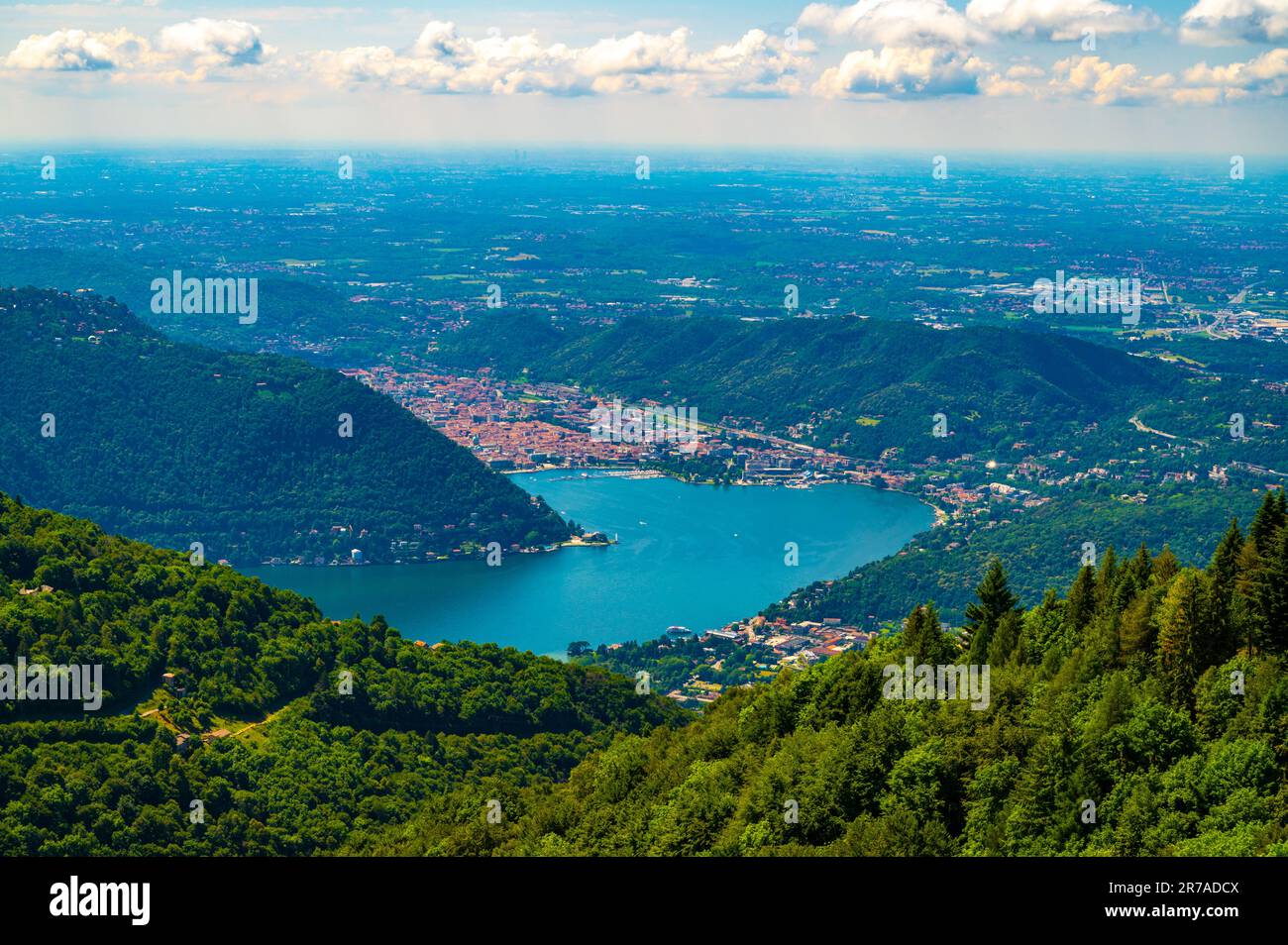 Panorama of Lake Como and the city of Como, the port and the mountains ...