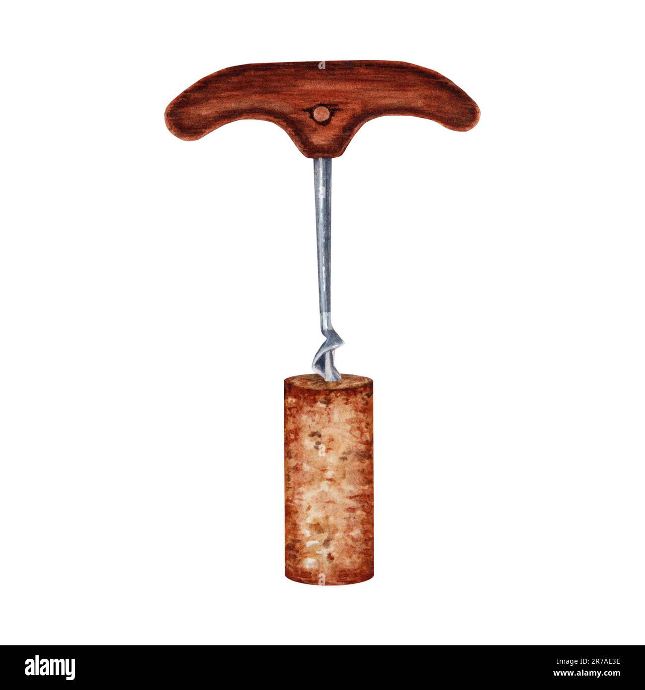 Wooden corkscrew with wine cork isolated on white background. Hand ...