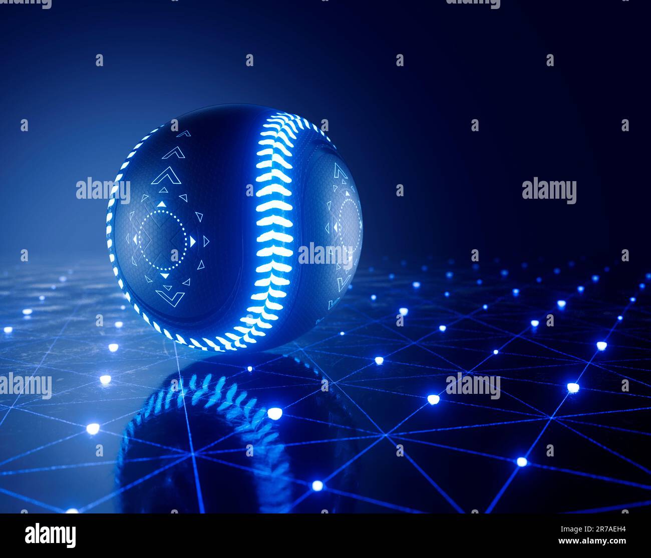 A sports concept of a futuristic baseball ball lit with neon markings on a glass stage with neon ...