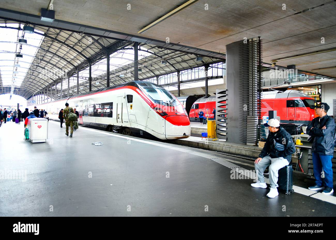 Switzerland- May 17 ,2023 : Trains parking on the Platform railway ...