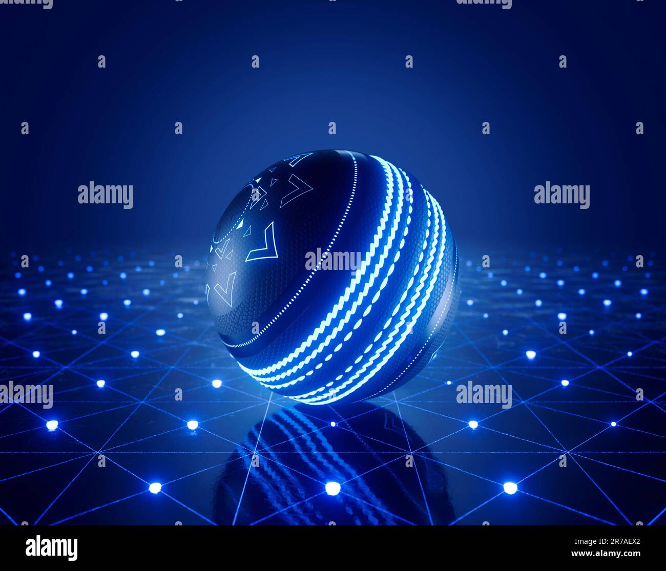 A sports concept of a futuristic cricket ball lit with neon markings on ...