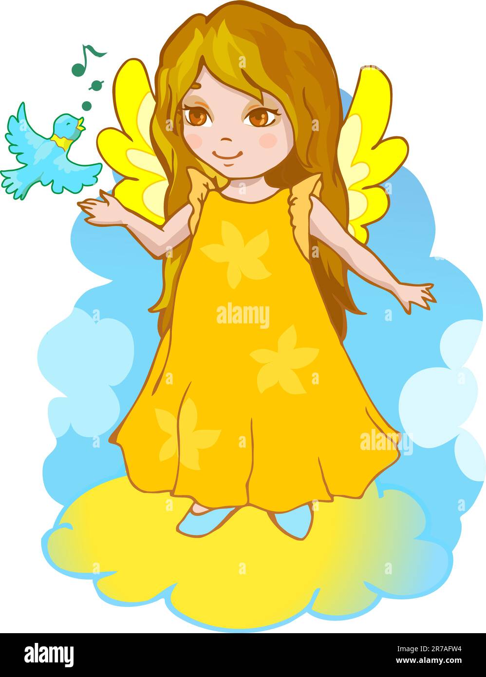 Cute Cartoon Angel With A Singing Bird Stock Vector Image And Art Alamy