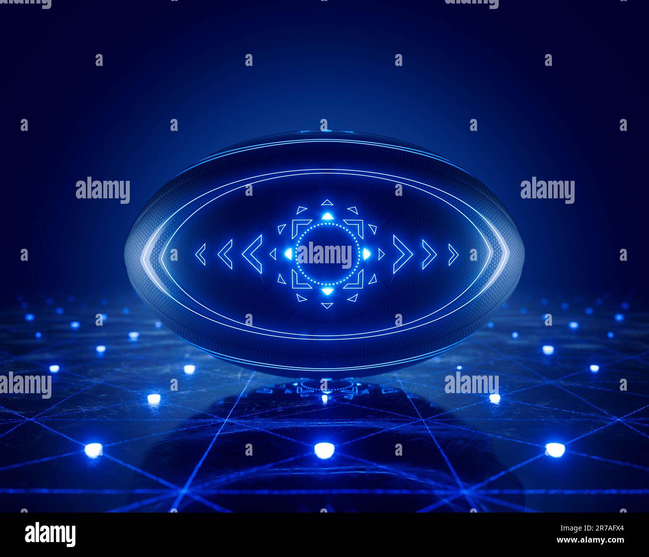 A sports concept of a futuristic rugby ball lit with neon markings on a ...