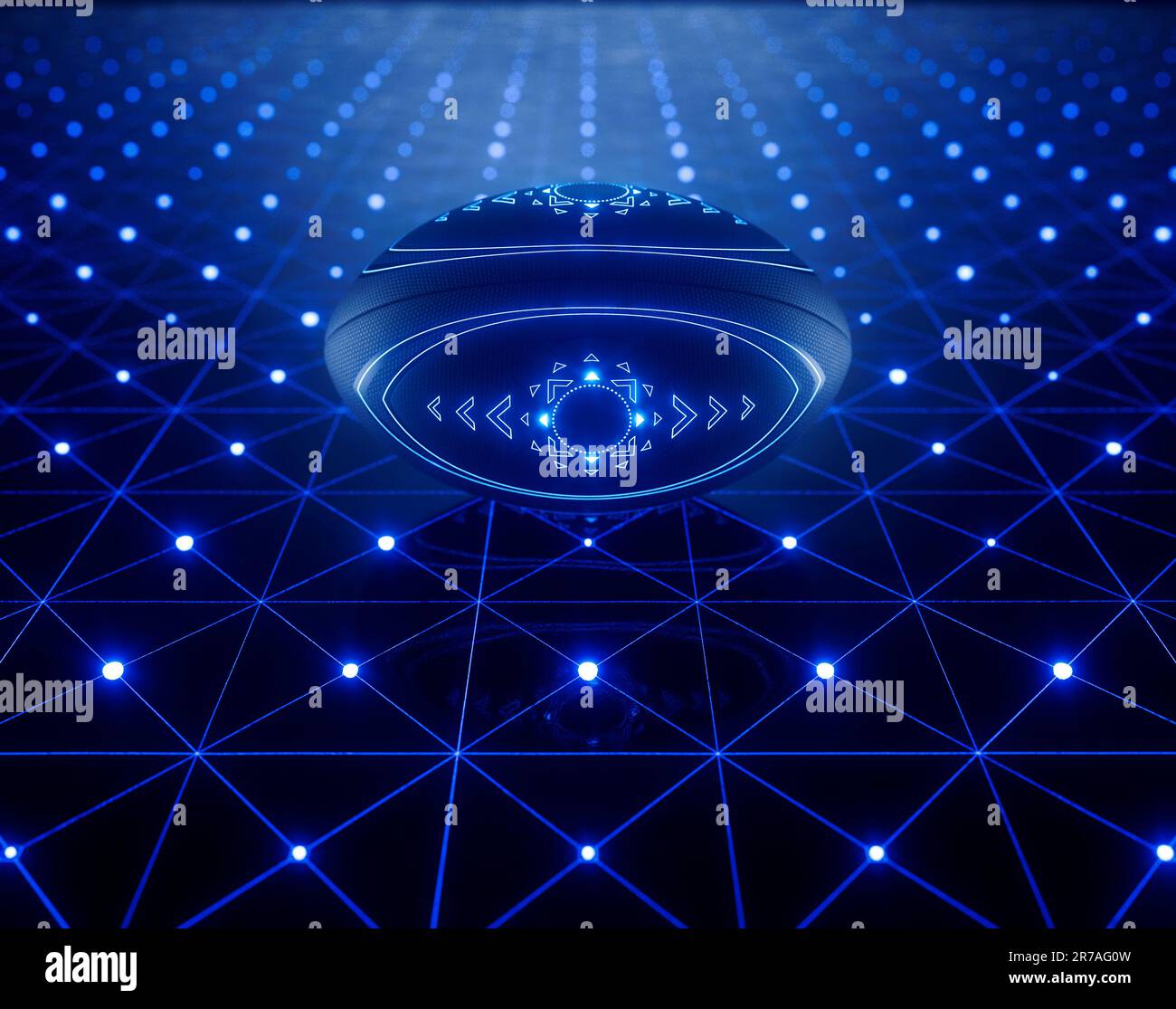 A sports concept of a futuristic rugby ball lit with neon markings on a ...