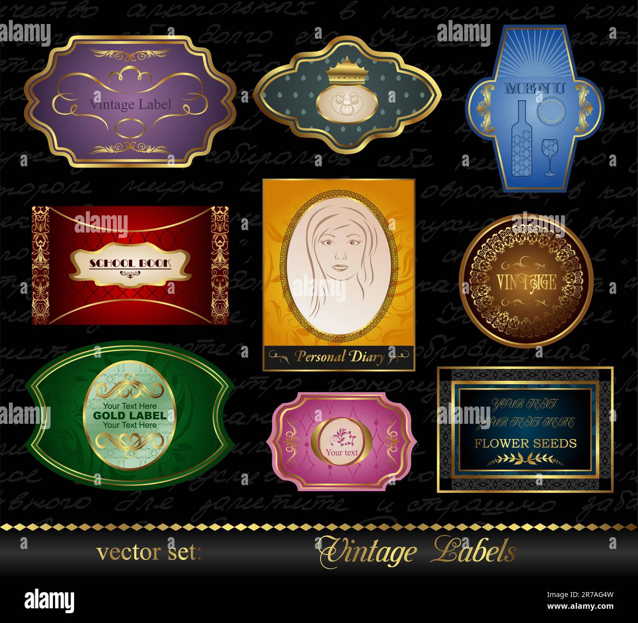 Illustration set colored gold-framed labels (2) - vector Stock Vector ...