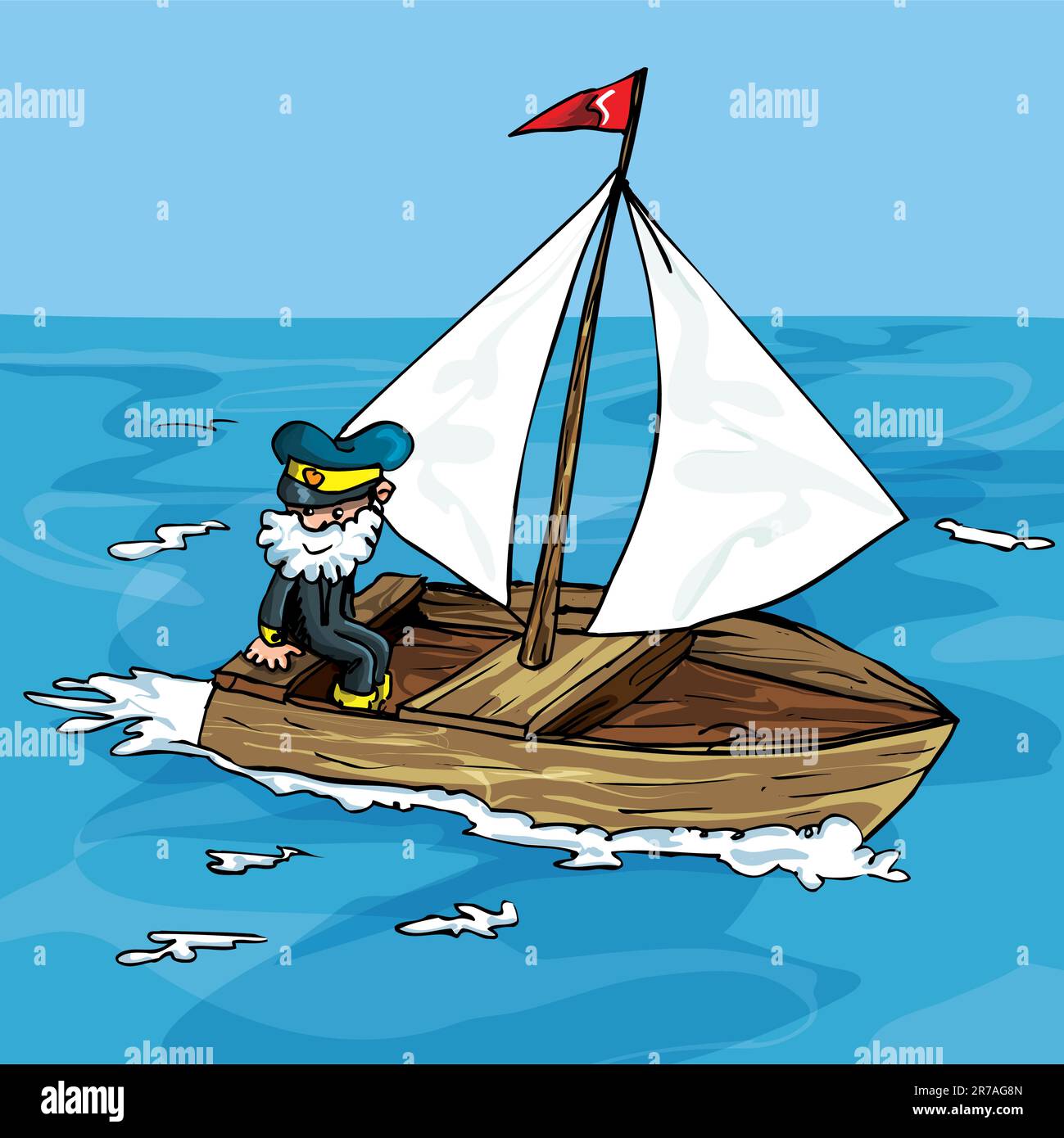 Cartoon of man sailing in a small boat. He has a beard and a captains ...