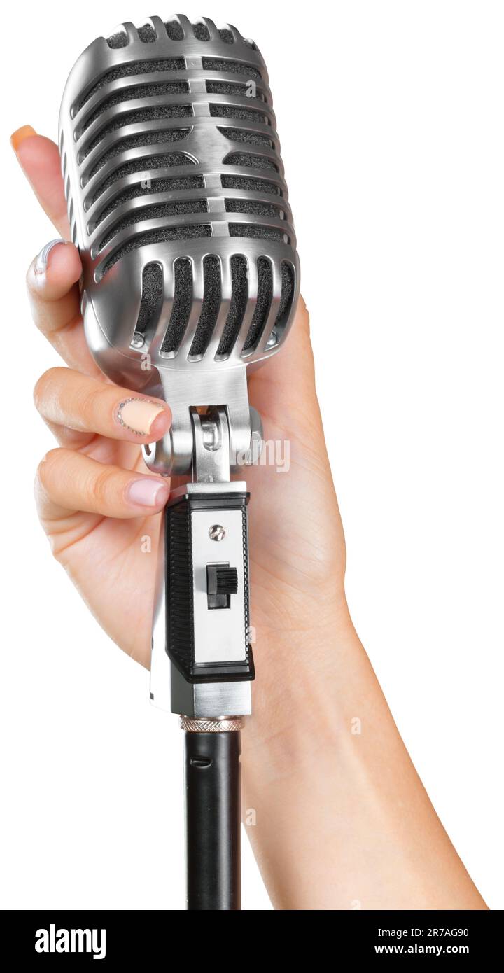 woman holding big retro microphone for singing Stock Photo - Alamy
