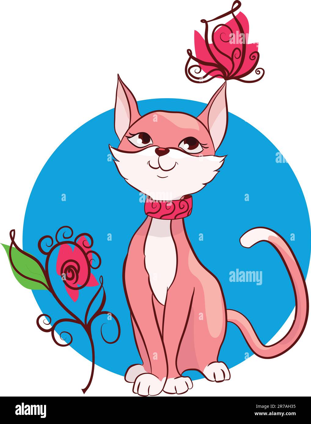 Vector illustration of a pink cute kitten with a butterfly on her ear ...