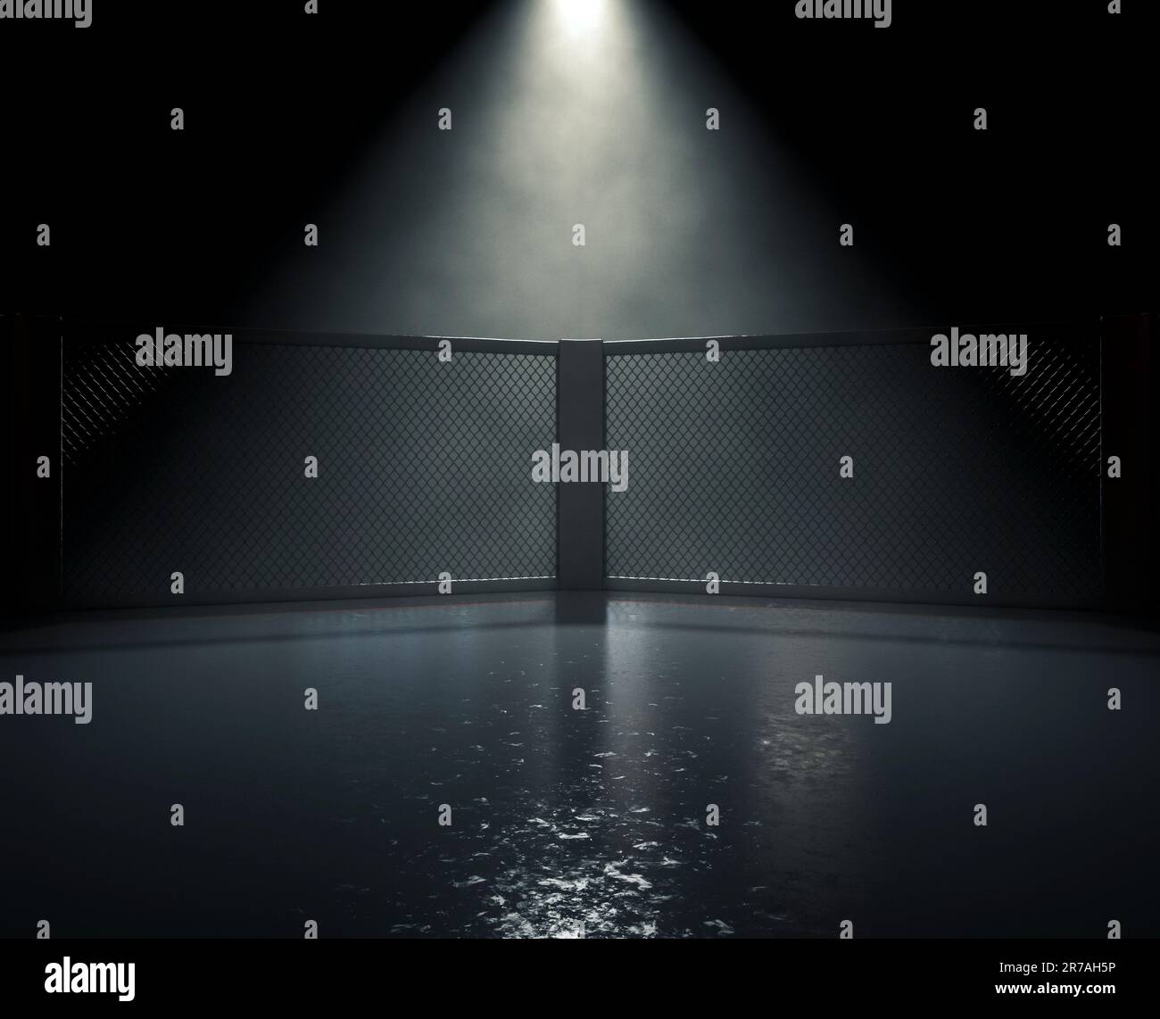 A dimly spotlit section of a mma octagon ring surrounded by wire mesh ...