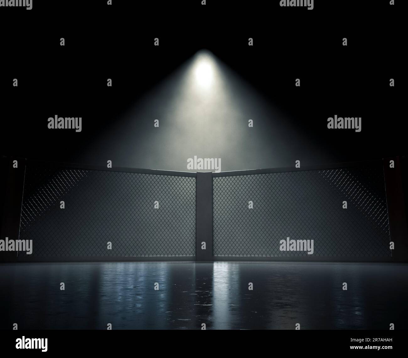 A dimly spotlit section of a mma octagon ring surrounded by wire mesh ...