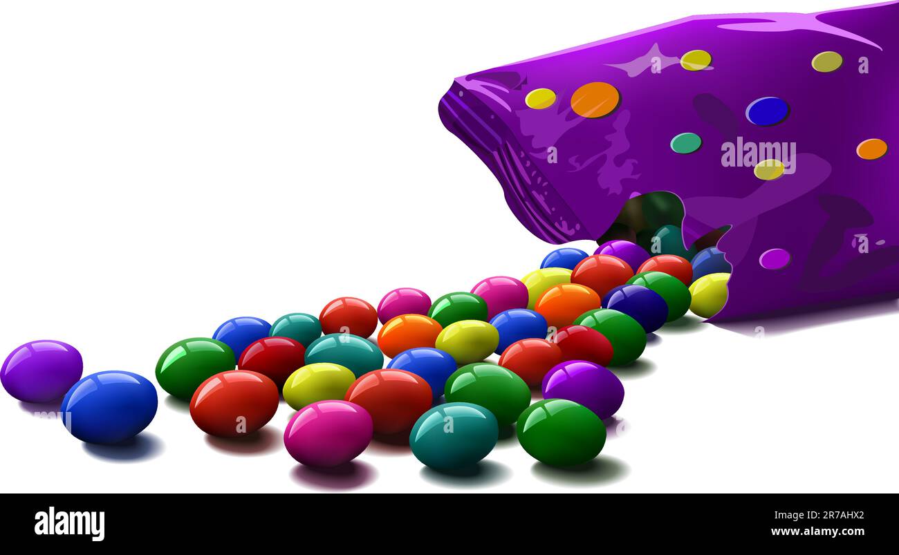 colorful shiny candies scattered from purple package isolated on white ...