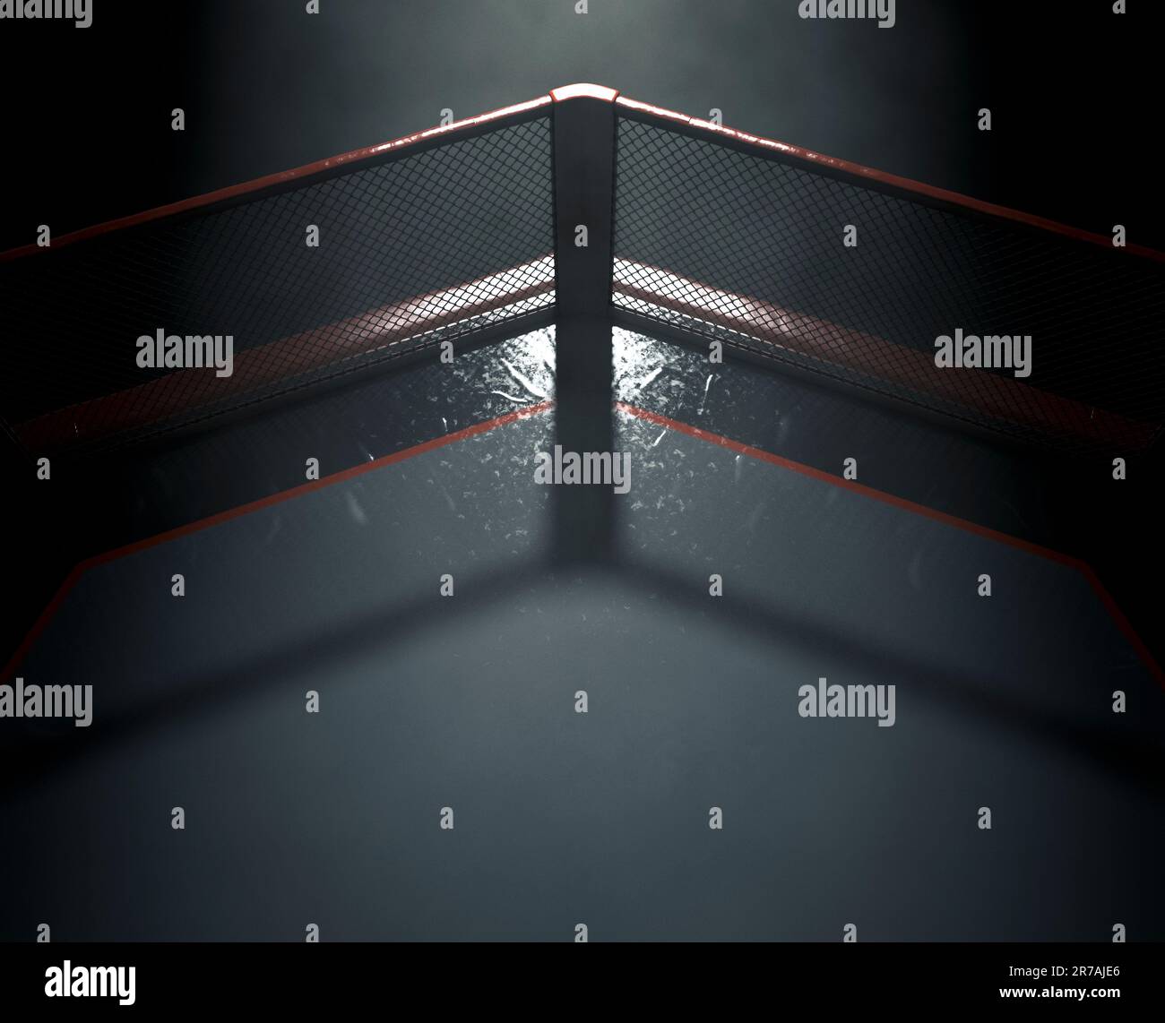 A dimly spotlit section of a mma octagon ring surrounded by wire mesh ...