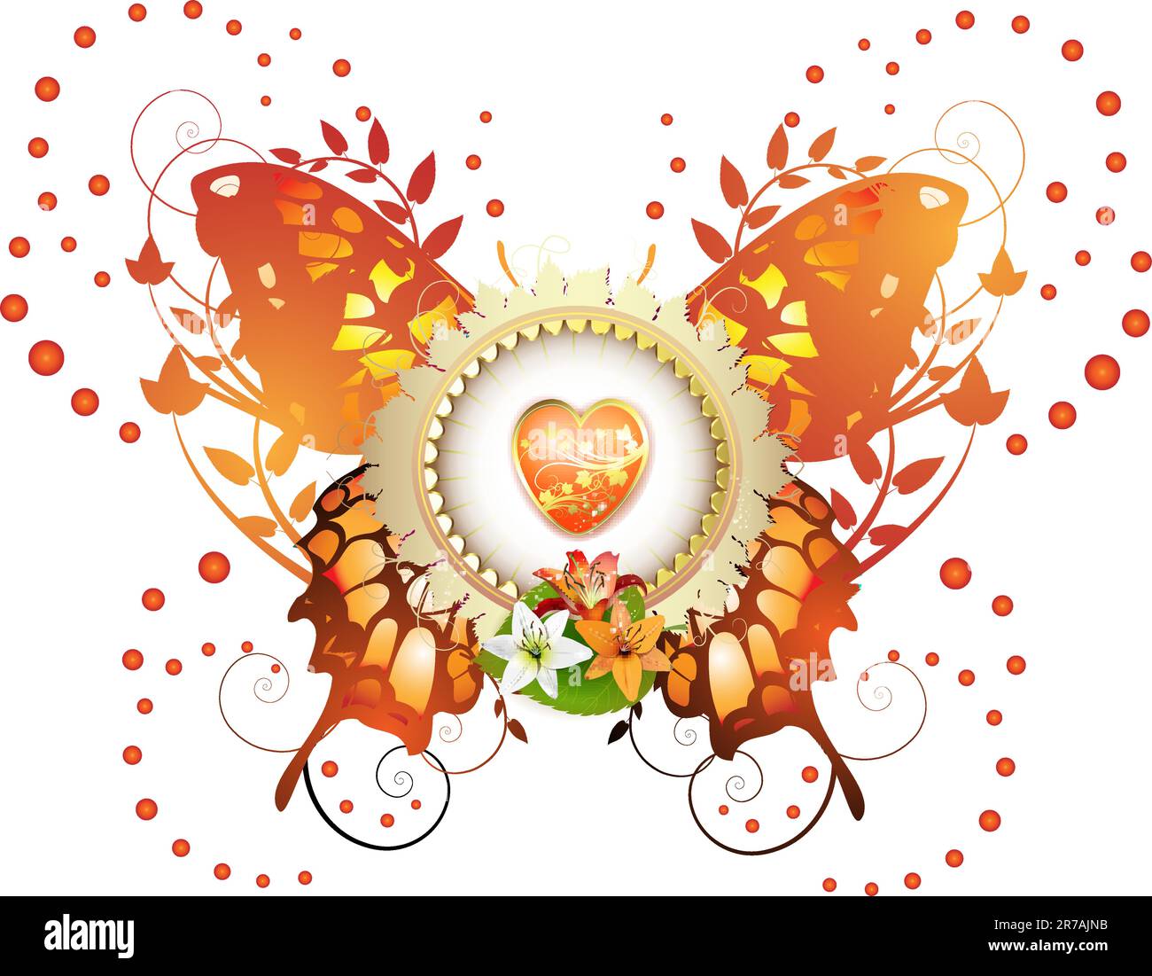 Heart and frame with flowers arrangement and decorative butterfly ...
