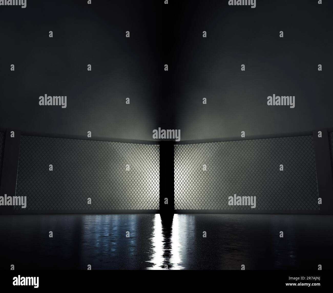 A dimly spotlit section of a mma octagon ring surrounded by wire mesh ...